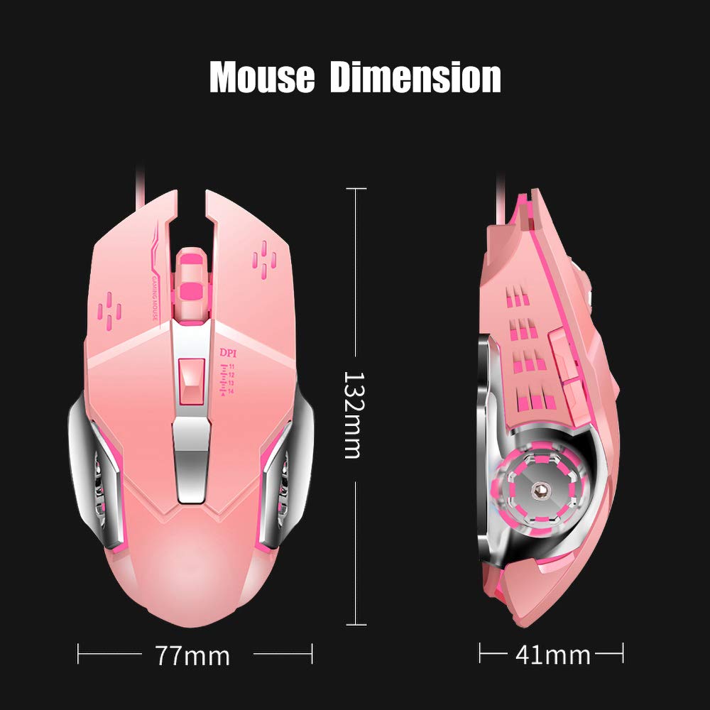TISHLED Typewriter Style Mechanical Gaming Keyboard and Mouse Combo, 104-Key Anti-Ghosting Blue Switch Retro Steampunk Round Keycaps Metal Panel White LED Backlit Wired USB for PC, Mac, Laptop (Pink)