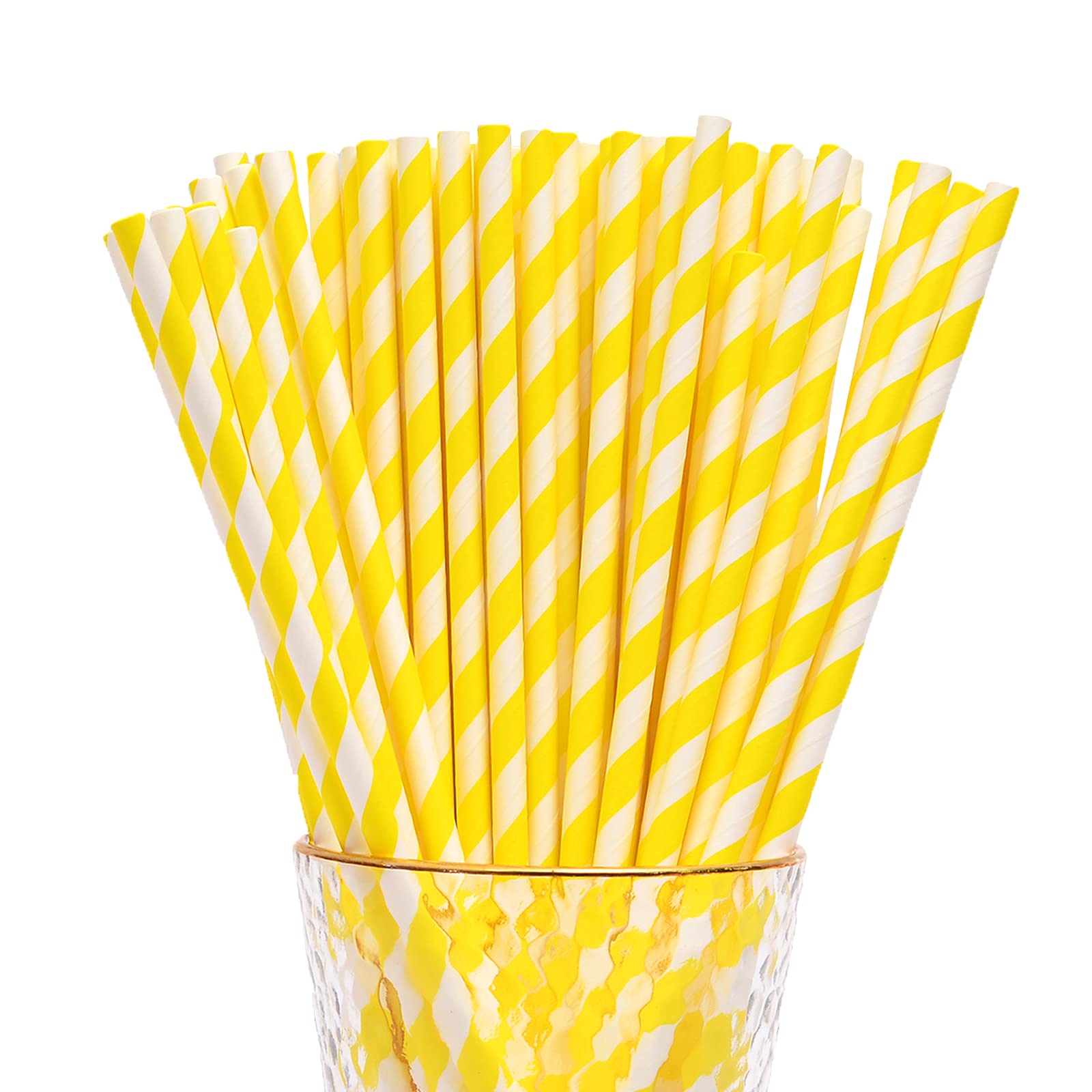 YAOSHENG Paper Straws for drinking, 100 Pack Yellow Striped paper straws for Party Supplies,Birthday,Wedding,Bridal/Baby Shower,Juice, shakes,Smoothies,cocktail