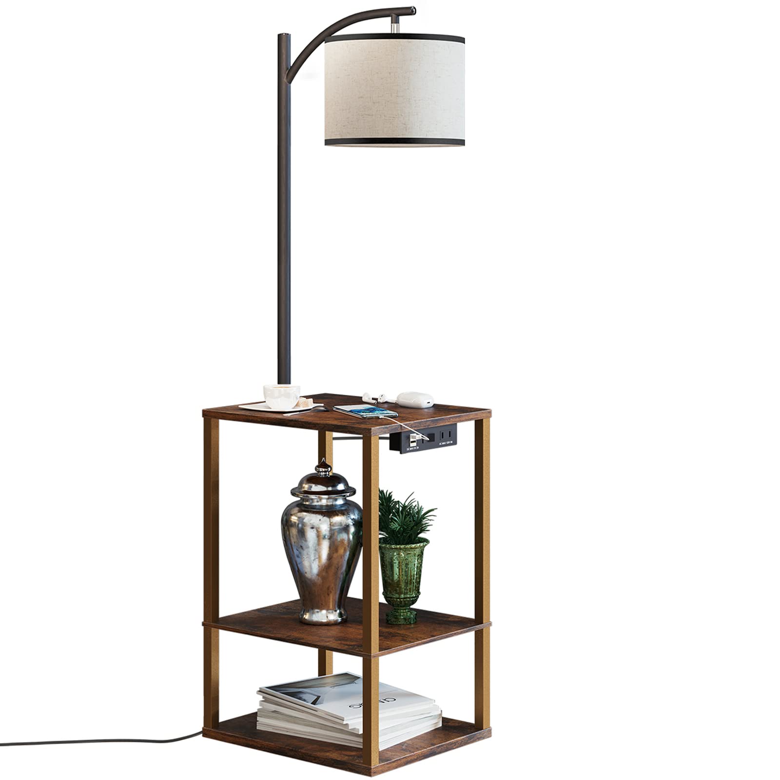SUNMORY Rustic End Table Lamp with Table, Shelves, Charging Station(USB & AC Port) 3-Color Temperature LED Bulb For Floor, Living Room &, Bedroom(Brown)