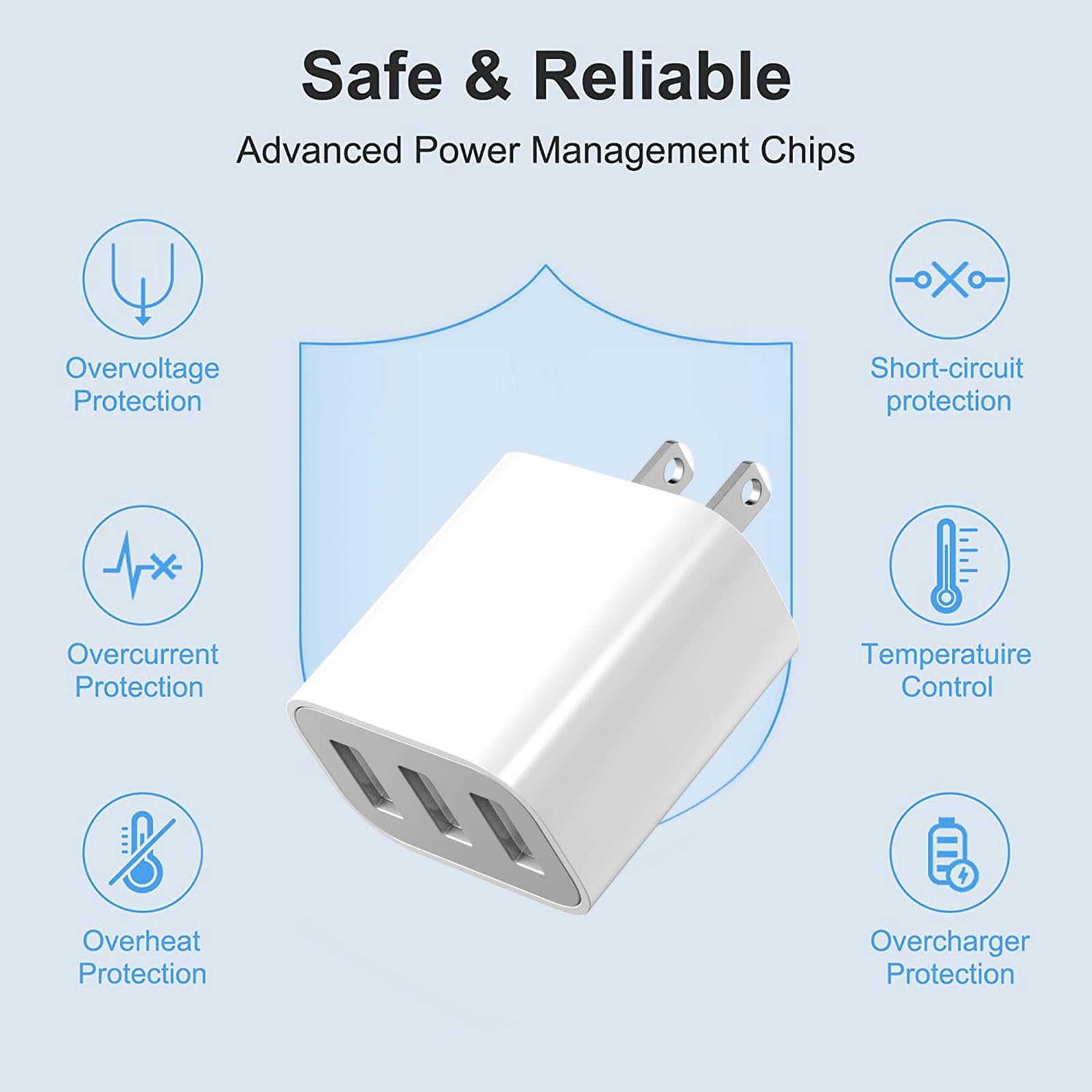 USB Wall Charger, 3 Pack 3-Port USB Charger Block Wall Adapter USB Charging Cube Brick Compatible with iPhone 8/7/6 Plus/X, iPad, Samsung Galaxy S5 S6 S7 Edge, LG, Android and More