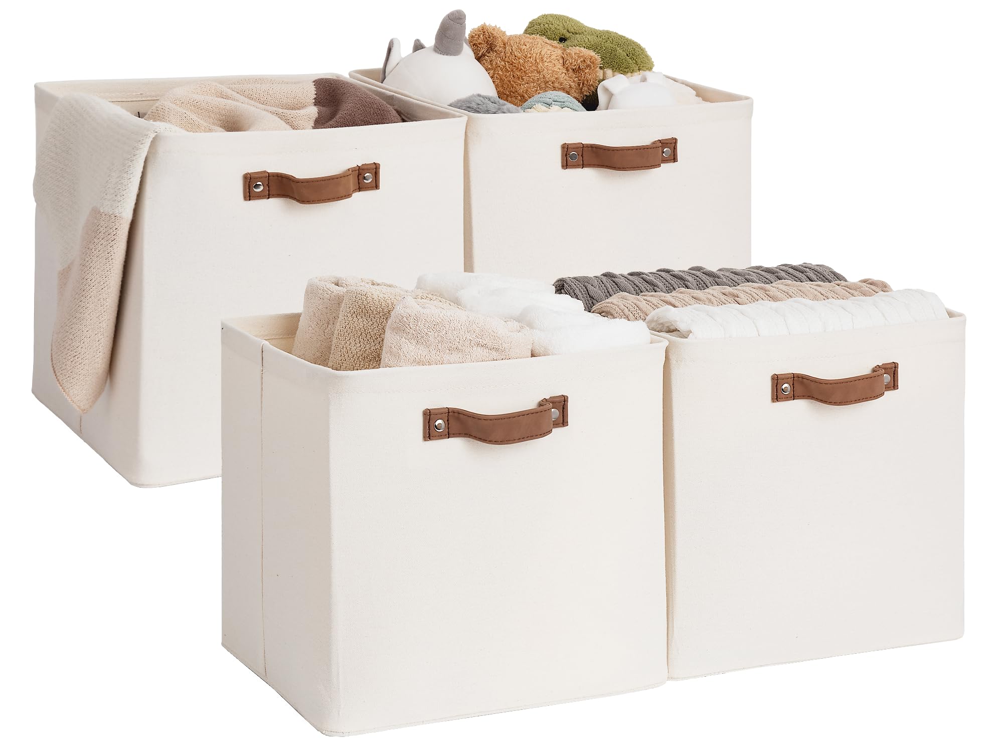 StorageWorks 13x13 Storage Cubes, Collapsible Storage Bins Organizer for Closet, Fabric Storage Box with PU Handles, Beige, 4-Pack