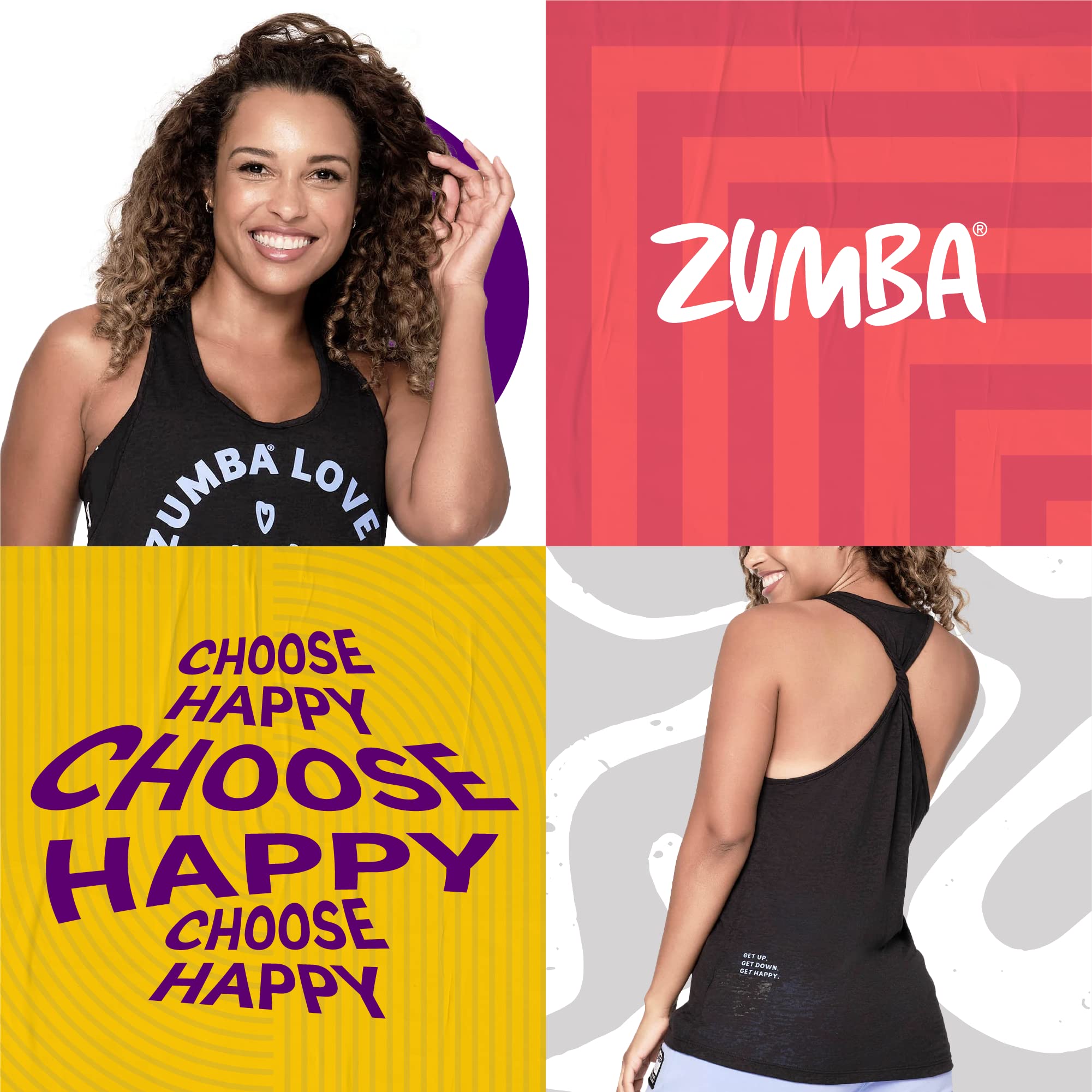 ZUMBA Love Cute Easy-Fit Graphic Twisted Back Tank Top for Women, L, Bold Black