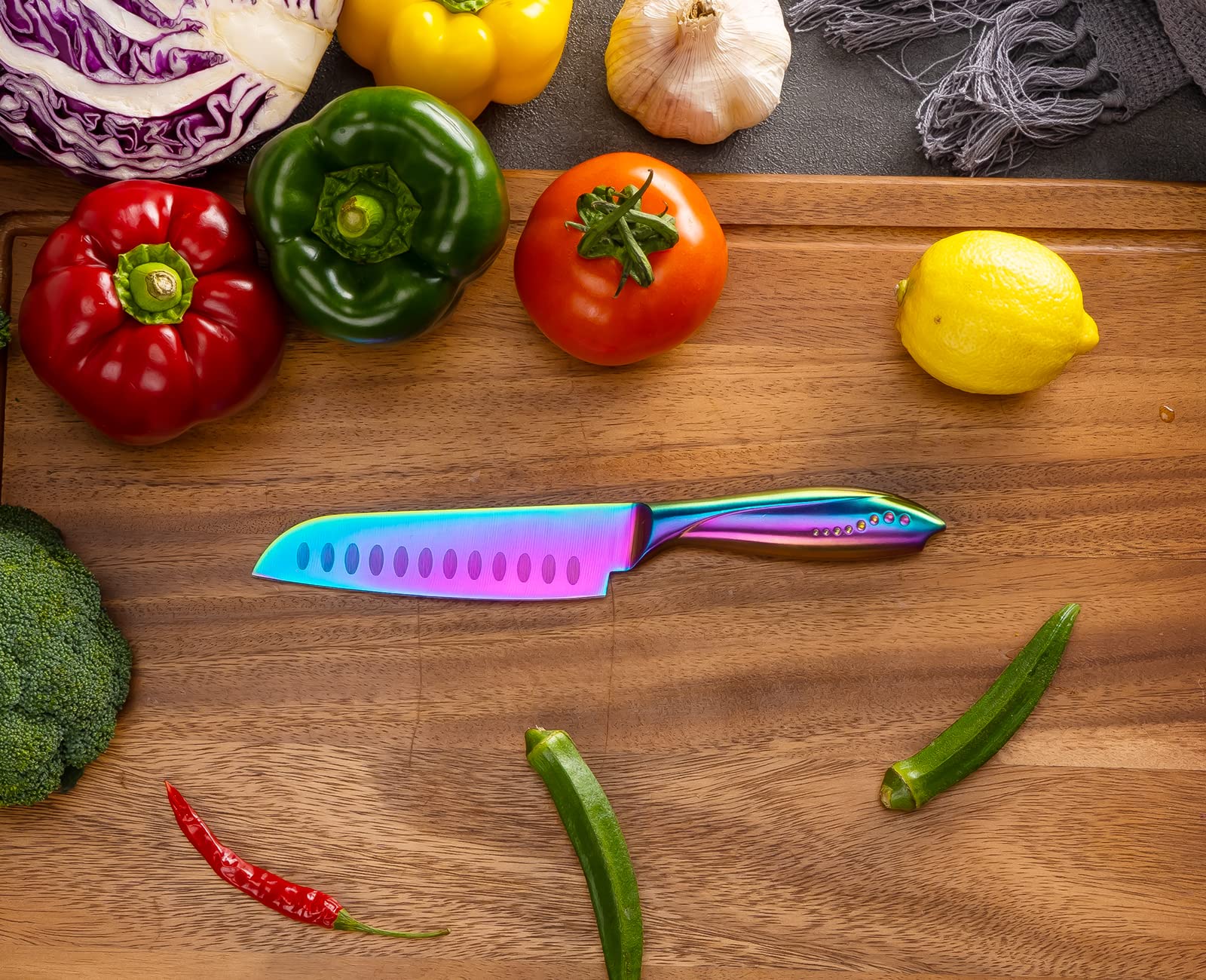 WELLSTAR Santoku Knife 5 Inch, Super Sharp German Steel Kitchen Cooking Knife with Comfortable Handle and Rainbow Coating for Slicing Dicing and Mincing of Meat Vegetables and Fruits for Small Hand