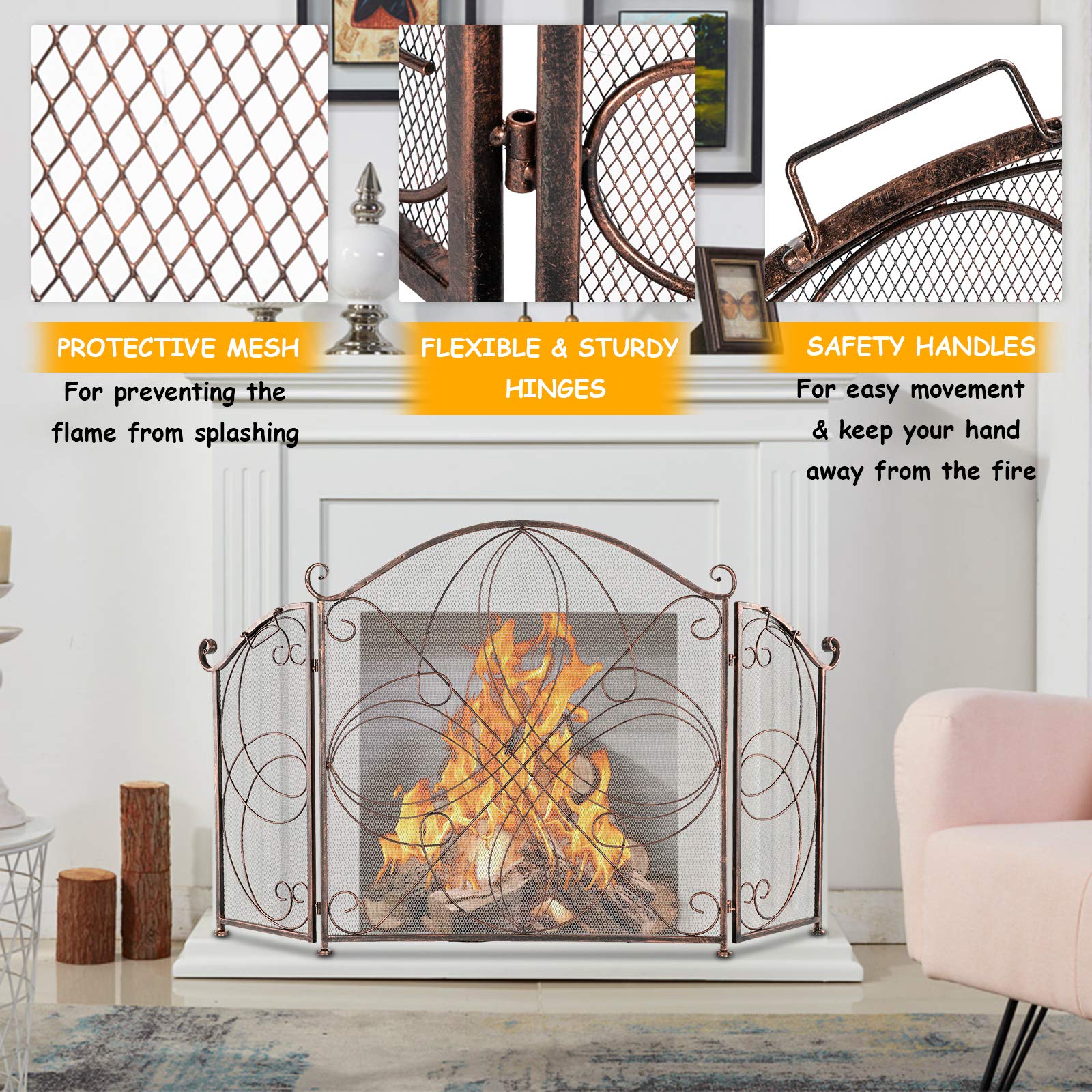 VINGLI 3-Panel Wrought Iron Fireplace Screen Flat, Rustic Decorative Scroll Spark Guard Cover, Baby Safe Proof Fire Place Fence (Reddish Brown