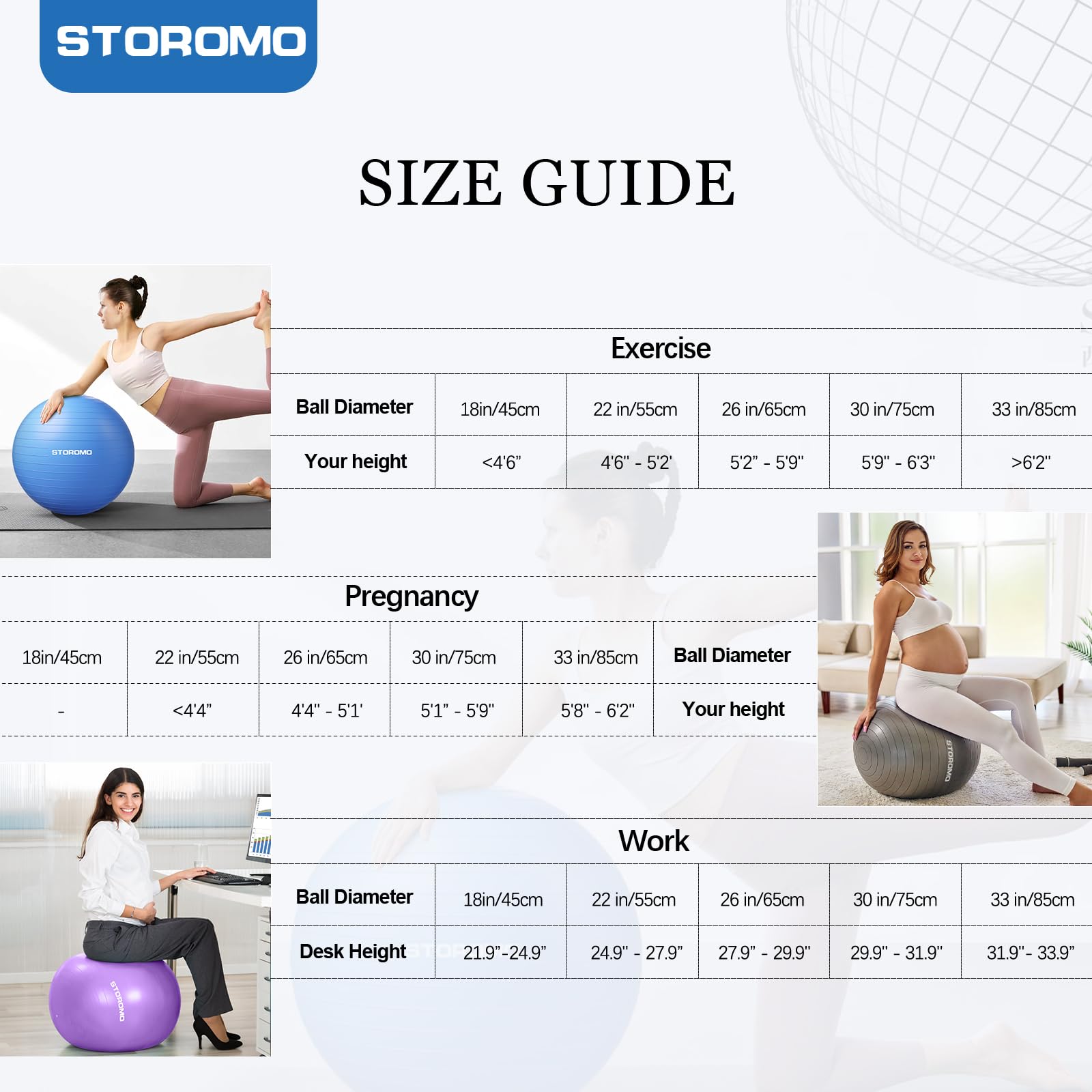 STOROMO Exercise Ball,Yoga Ball(with Exercise Tutorial),Extra Thick Non-Slip,Holds 2500 lbs, Workout Ball for Pregnancy Birthing and Balance Stability (Silver, 45cm/17.7in)