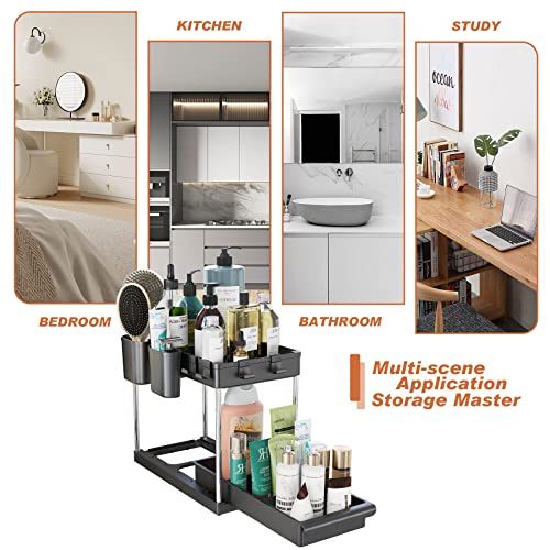 XIBALAGA Under Sink Organizer,2 Tier Under Sink Organizers And Storage For Kitchen Bathroom,Under Sink Cabinet Organizer,Multi-purpose Stable And Sturdy Countertop Organizer (black one sliding)
