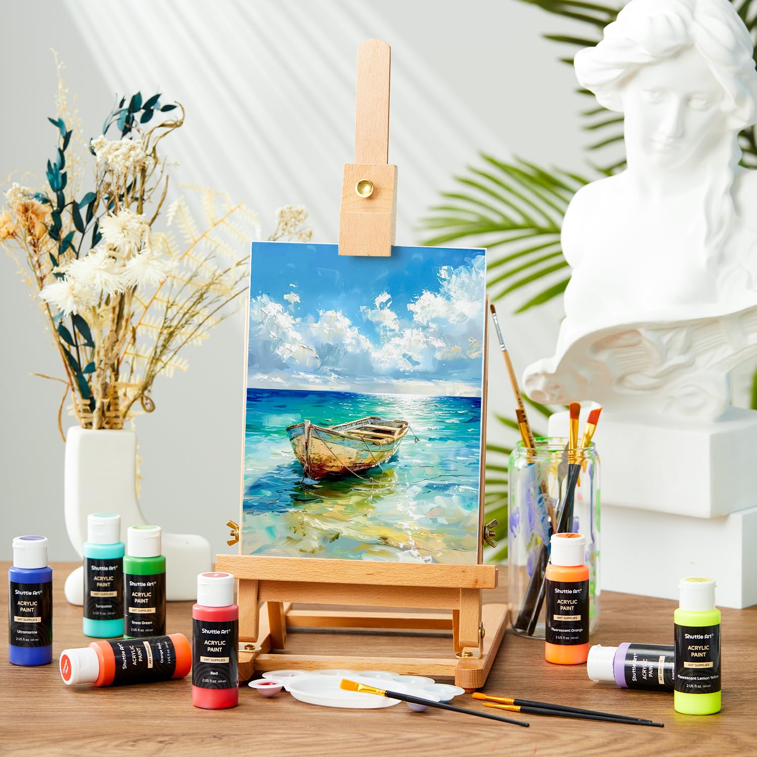 Shuttle Art Acrylic Paint, 42 Colors Acrylic Paint Set with 12 Paint Brushes, 2oz/60ml Bottles, Rich Pigmented, Water Proof, Premium Paints for Artists, Beginners and Kids on Canvas Rocks Wood Ceramic
