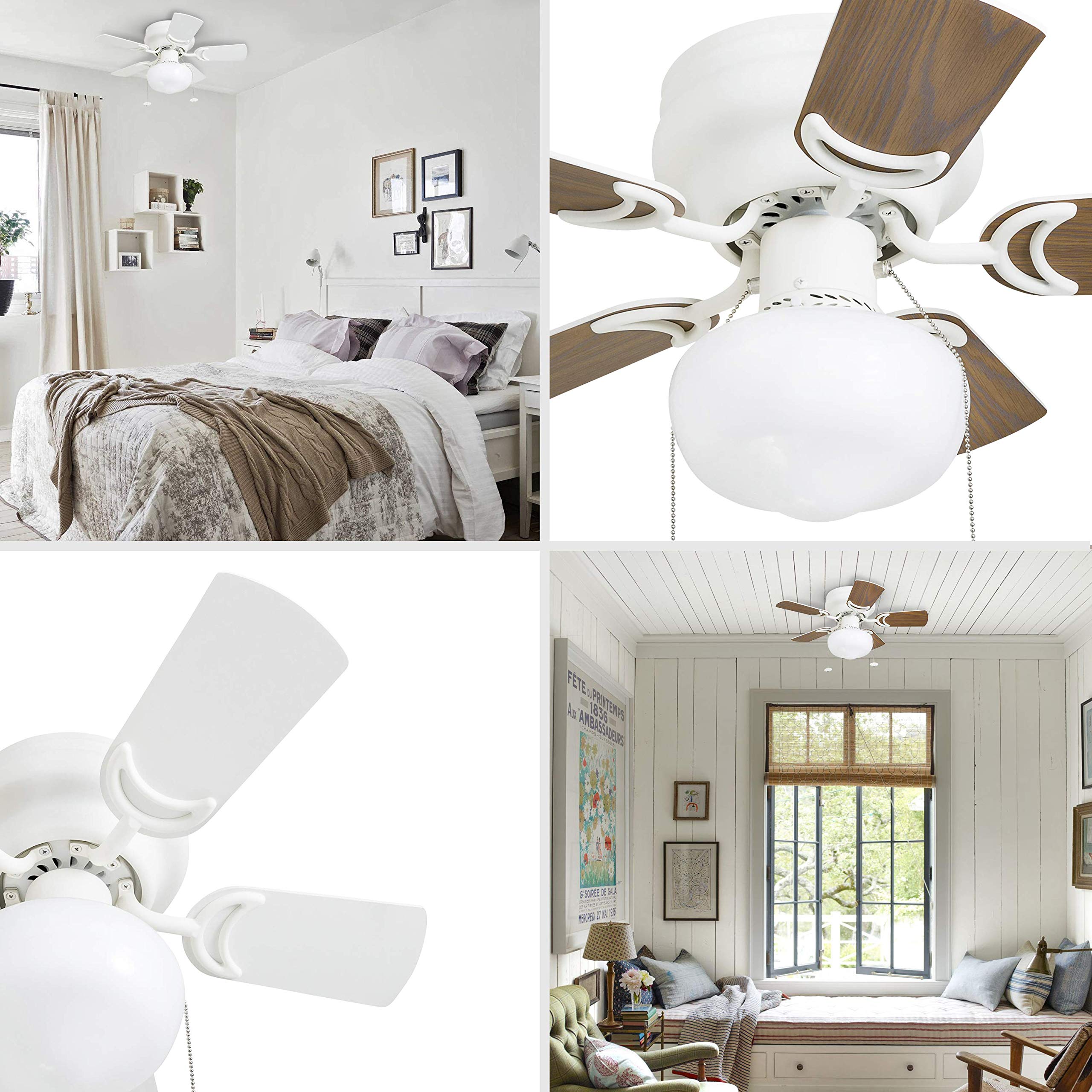 Prominence Home Hero, 28 Inch Traditional Flush Mount Indoor LED Ceiling Fan with Light, Pull Chain, Dual Finish Blades, Reversible Motor - 41530-01 (White)