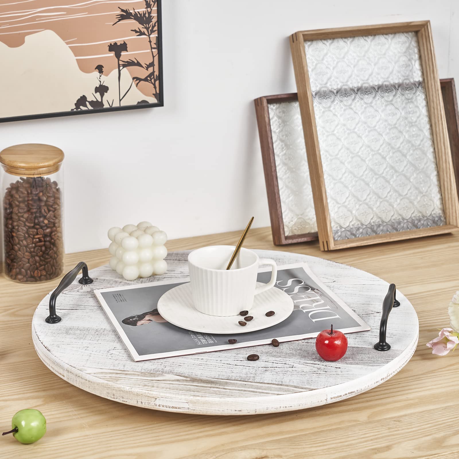 Wooden Lazy Susan for Table Turntable Organizer 18 Inch Large Lazy Susan Whitewashed Wood Serving Tray for Pantry Cabinet Countertop Round Spins Balanced Pine Spice Rack for Kitchen Essentials Storage