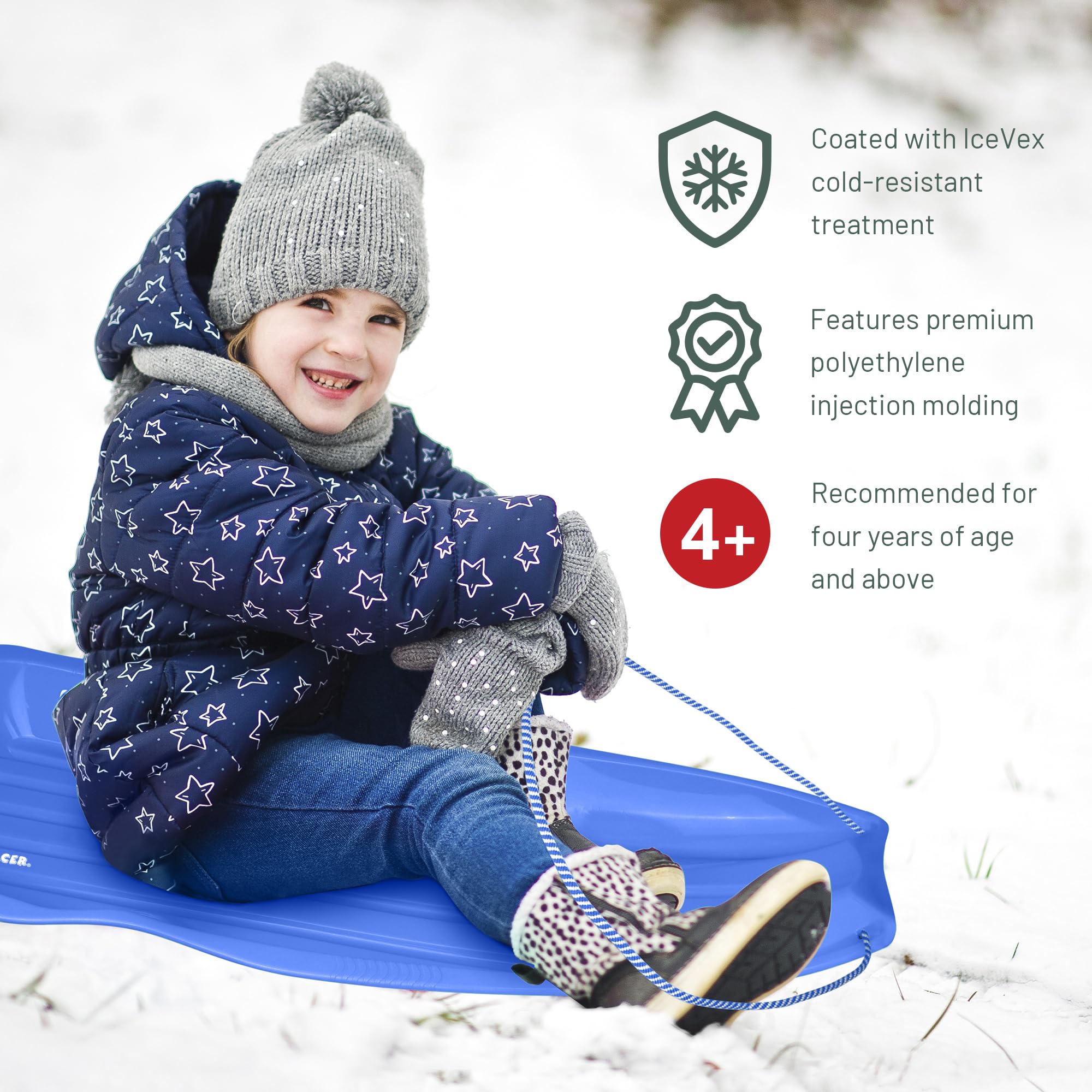 Slippery Racer Downhill Xtreme Flexible Adults and Kids Plastic Toboggan Snow Sled for Up to 2 Riders with Pull Rope, (2 Pack) (Red/Blue)