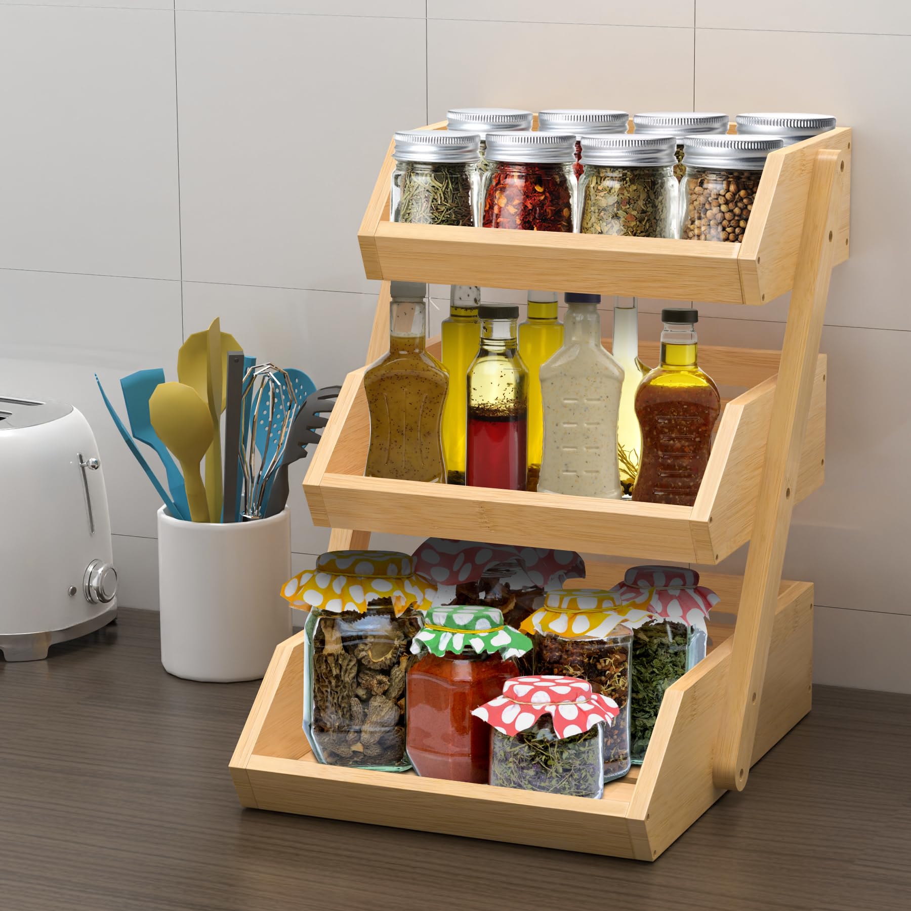 Purbambo 3-Tier Bamboo Fruit Basket for Kitchen Counter, Large Capacity Fruits Storage Rack Vegetables Bowl Stand Holder