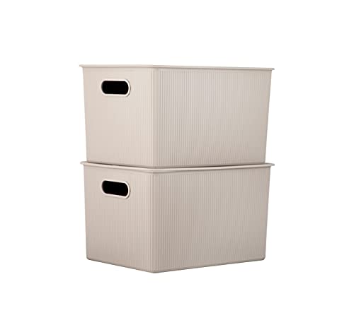 Superio Ribbed Collection - Decorative Plastic Lidded Home Storage Bins Organizer Baskets, X-Large Taupe (1 Pack - 22 Liter) Stackable Container Box, for Organizing Closet Shelves Drawer Shelf