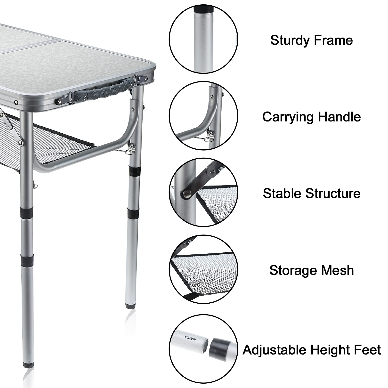 XMSound Folding Camping Table with Storage, Height Adjustable Portable Foldable Aluminum Camp Table, Lightweight Small Folding Table for Outdoor Indoor, Camp, Picnic, Beach