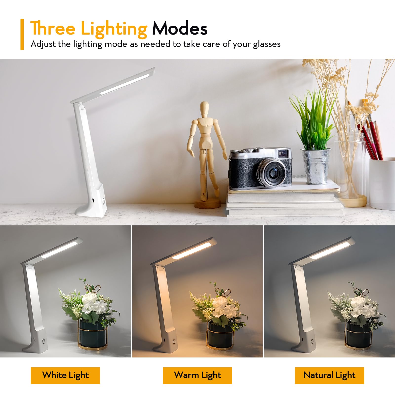 Usoway Rechargeable Desk Lamp, Portable Battery Powered Desk Lamp, May Touch Control Adjusting Brightness, USB Charging Port Three Lighting Mode, Home Dormitories Read LED Desk Lamp.