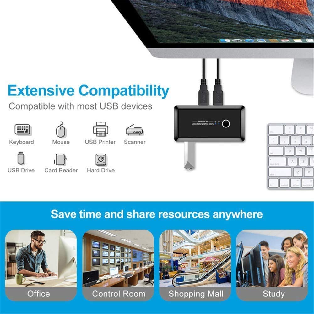 USB Switch Selector, Amtake USB 3.0 KVM Switch for 2 Computers Sharing 4 USB Devices Peripheral Switcher Hub for Mouse, Keyboard, Scanner, Printer with One-Button Swapping and 2 Pack USB A to A Cable