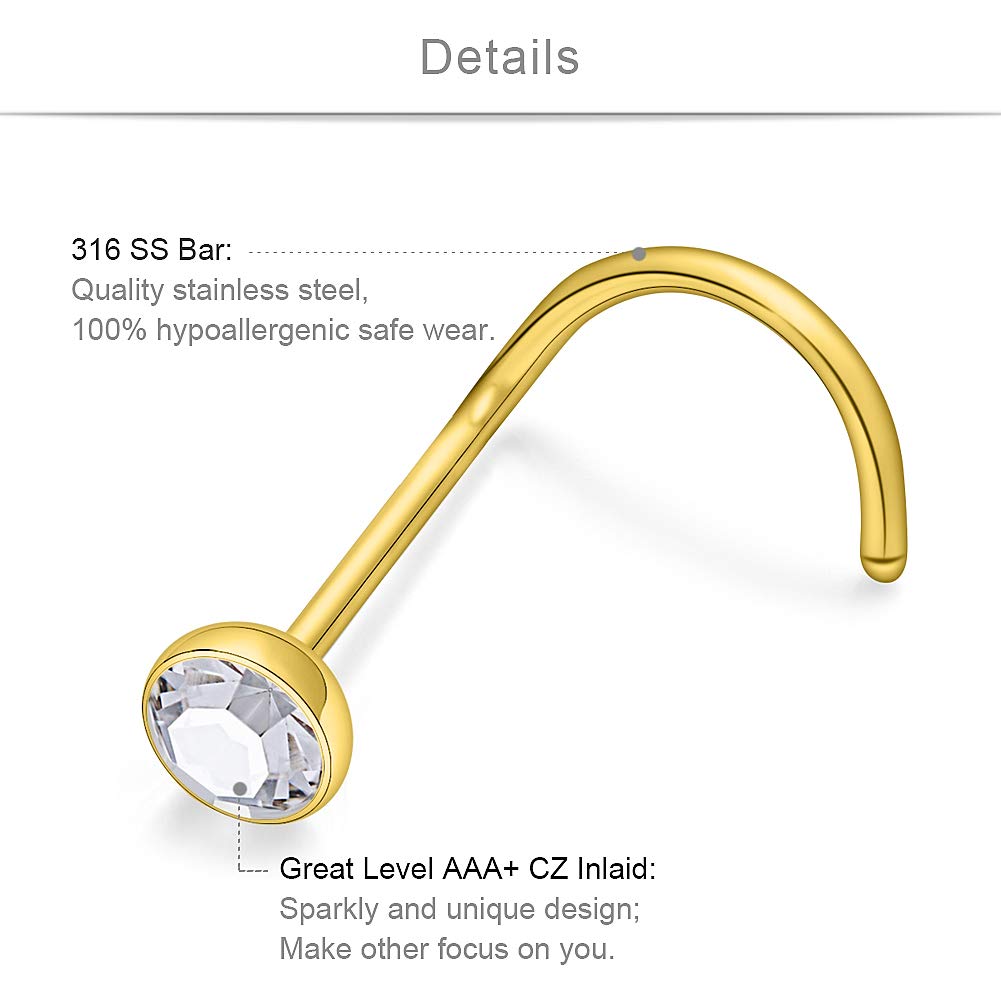 SCERRING 12PCS 22G Stainless Steel Nose Screw Rings Studs Nostril Ring Bend Piercing Jewelry 1.5mm 2mm 2.5mm 3mm 3.5mm 4mm Clear Cubic Zirconia Gold