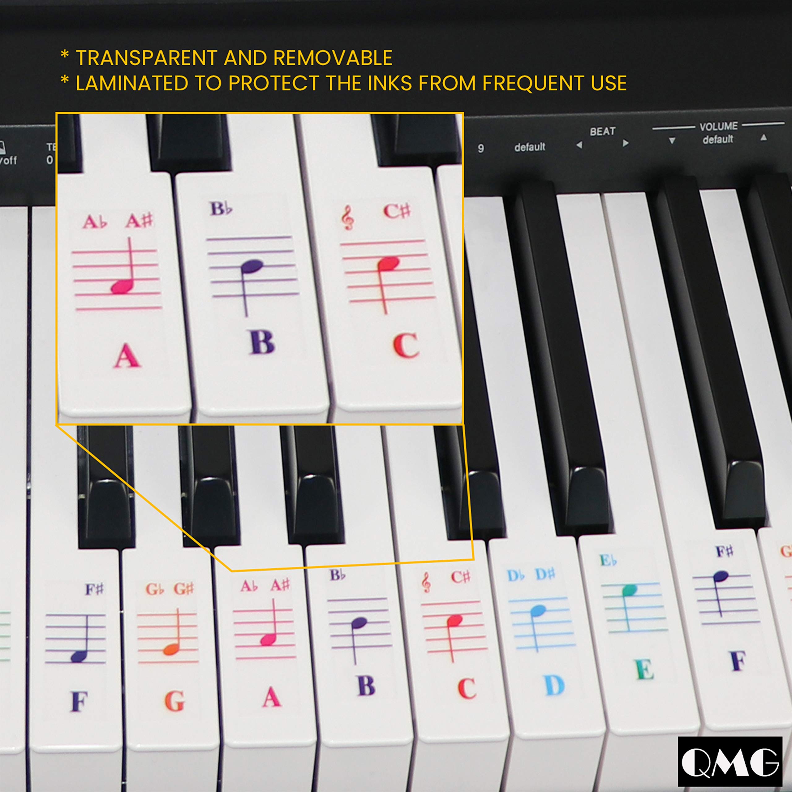 QMG Piano Keyboard Stickers for 88/76/61/54/49/37 Key Large Letter Piano Stickers for Learning, Removable Piano Keyboard Letters, Notes Label for Beginners and Kids, Made in USA