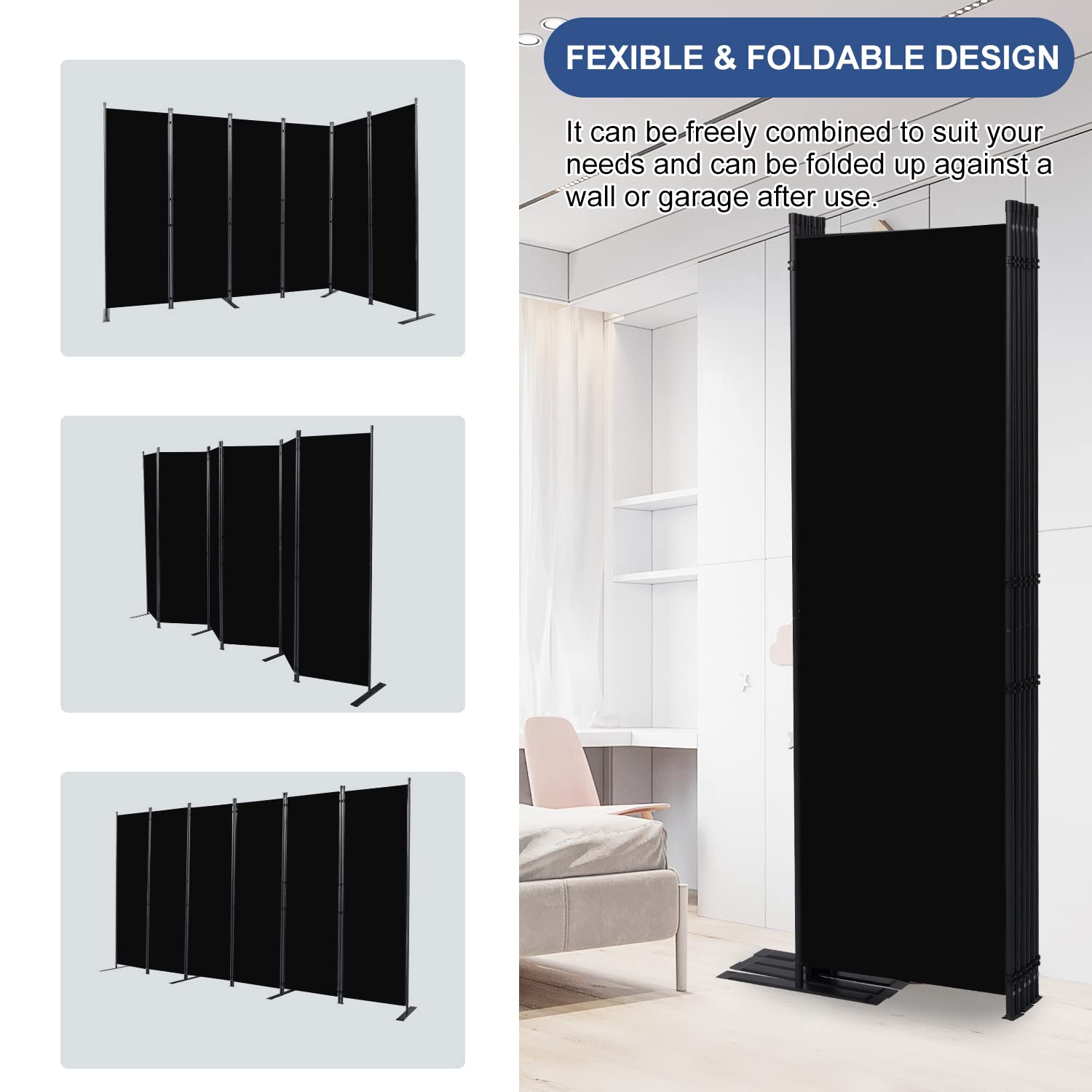 Room Divider and Folding Privacy Screens, 6 Panel Wide Room Divider Wall Screen for Room Separtition, Partition Room Dividers Fabric Panel Wall Dividers Freestanding for Office, Bedroom, Studio Dorm