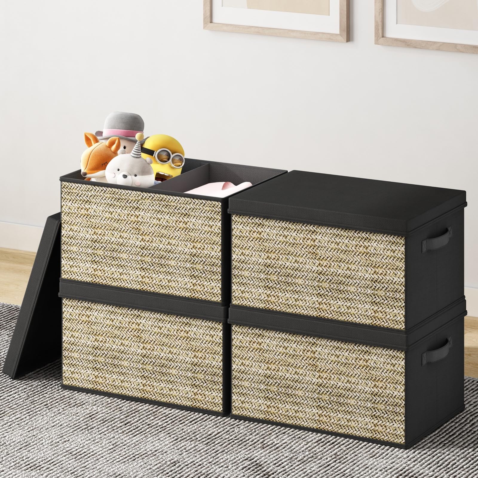 Wisdom Star 4 Pack Large Storage Bins with Lid & Handles, Collapsible Fabric Storage Cube Bin with Removable Divider, Foldable Closet Organizer Clothing Shelf Basket, Black
