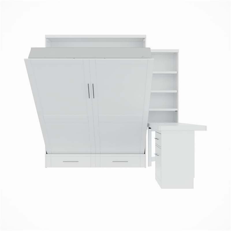 RoomAndLoft Brentwood Queen Contemporary Solid Wood Murphy Wall Bed and Shelf Storage with Side Desktop and Drawers in White