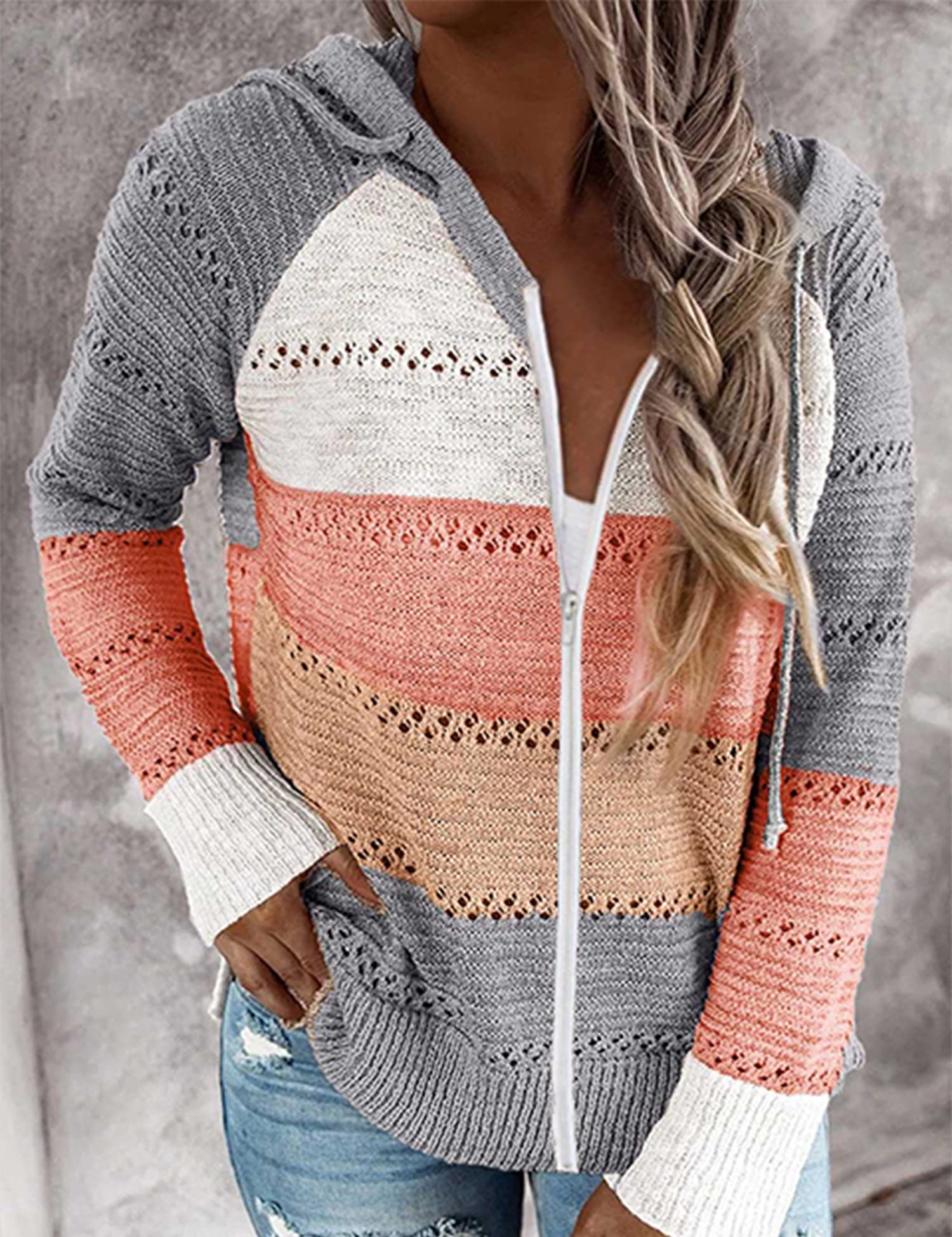 Womens Lightweight Stripes Sweatshirts Zip Up Zipper Hooded Sweatshirts Jackets Orange M