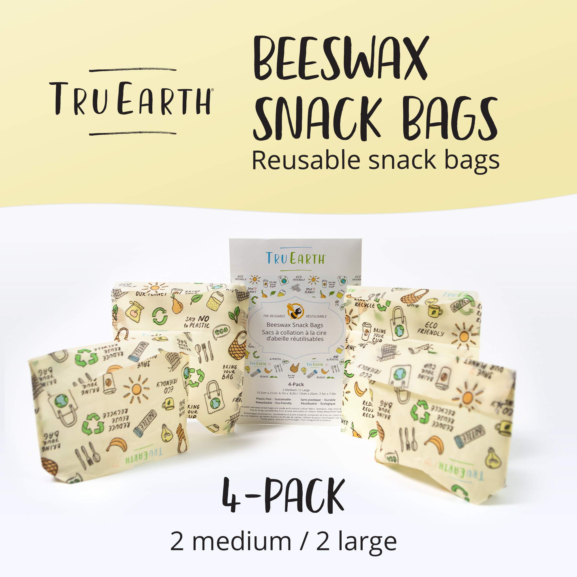 Tru Earth Beeswax Snack Bags | Reusable | Zero-Waste Beeswax | Contains 2 Medium & 2 Large Bags