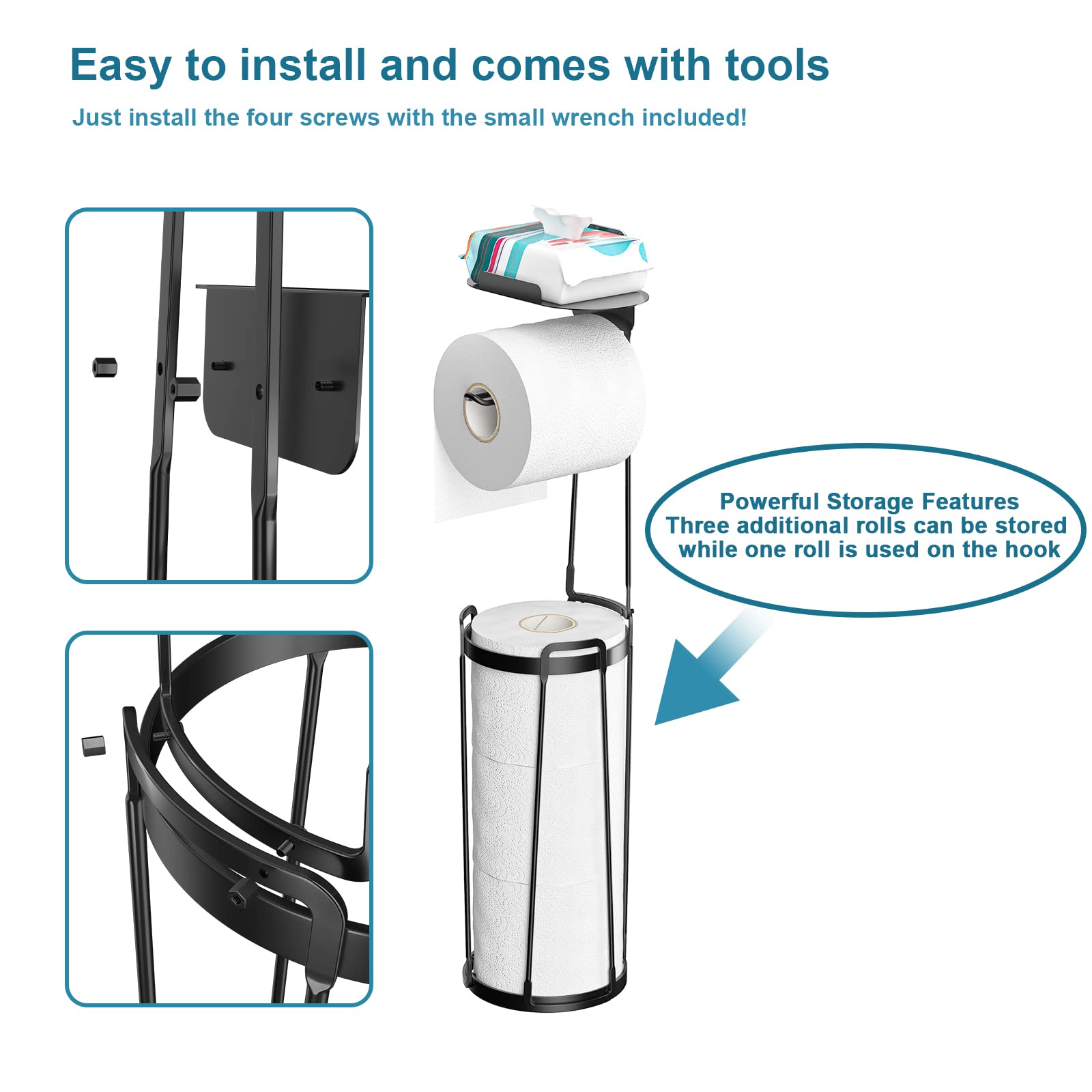 ROLABAM Heavy Weighted Toilet Paper Holder (with Reserve Function and Shelf) Free Standing Toilet Paper Storage,Spare Tissue Paper Roll Holder Storage Stand for Bathroom Total Height 26" ,Matte Black
