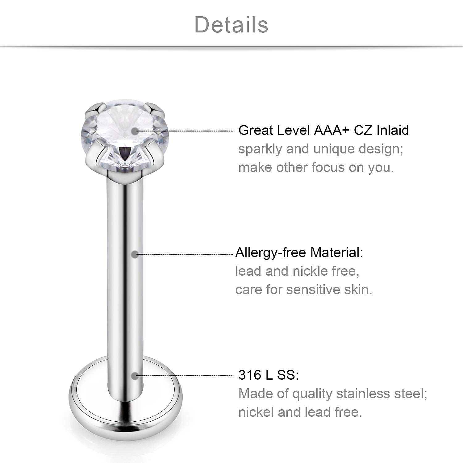 SCERRING 20PCS 16G 8mm Stainless Steel Labret Monroe Lip Ring Tragus Nail Helix Earring Stud Piercing Jewelry with 3mm Clear CZ Opal