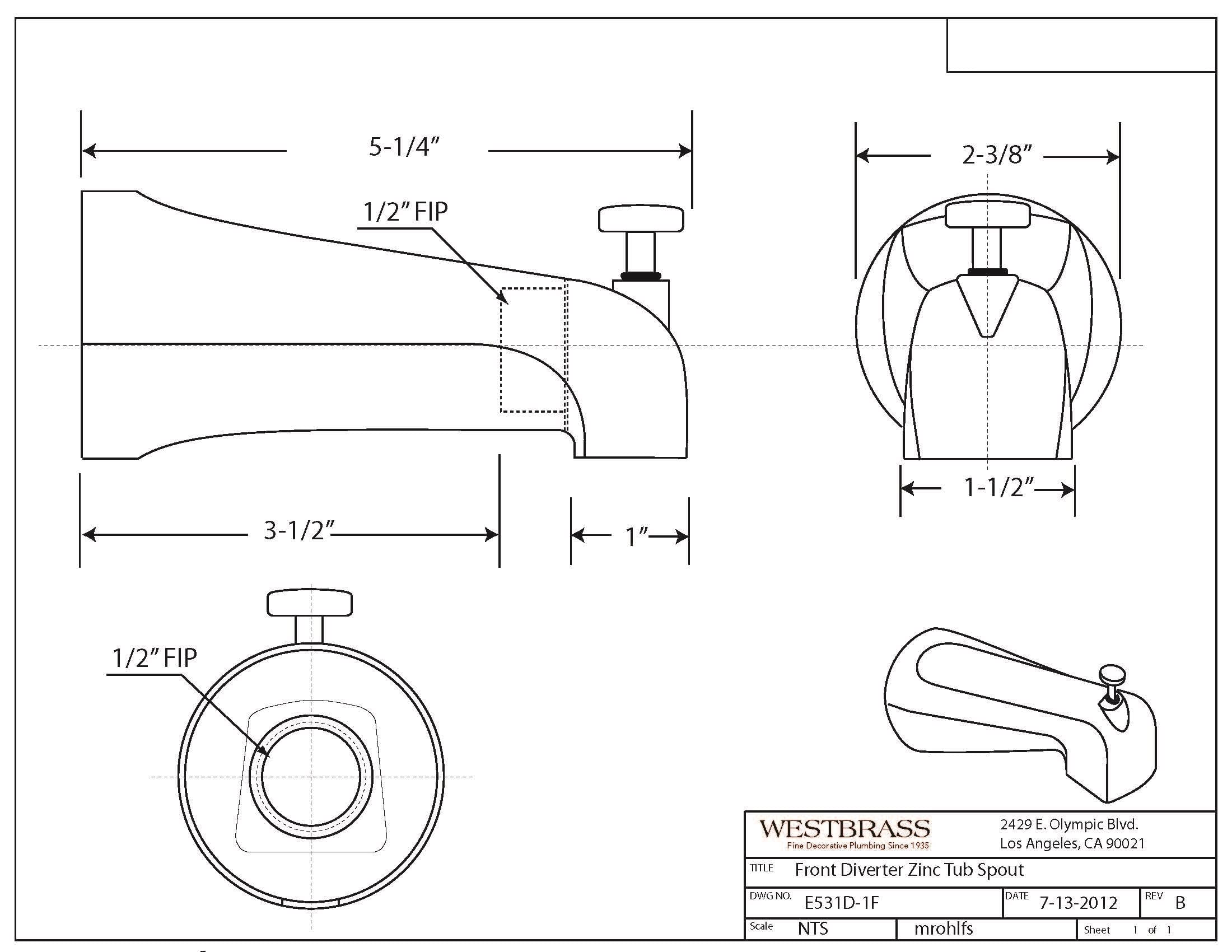 Westbrass A531D-1F-62 5-1/4" Reach Wall Mount Tub Spout with Front Diverter, Zinc, Matte Black