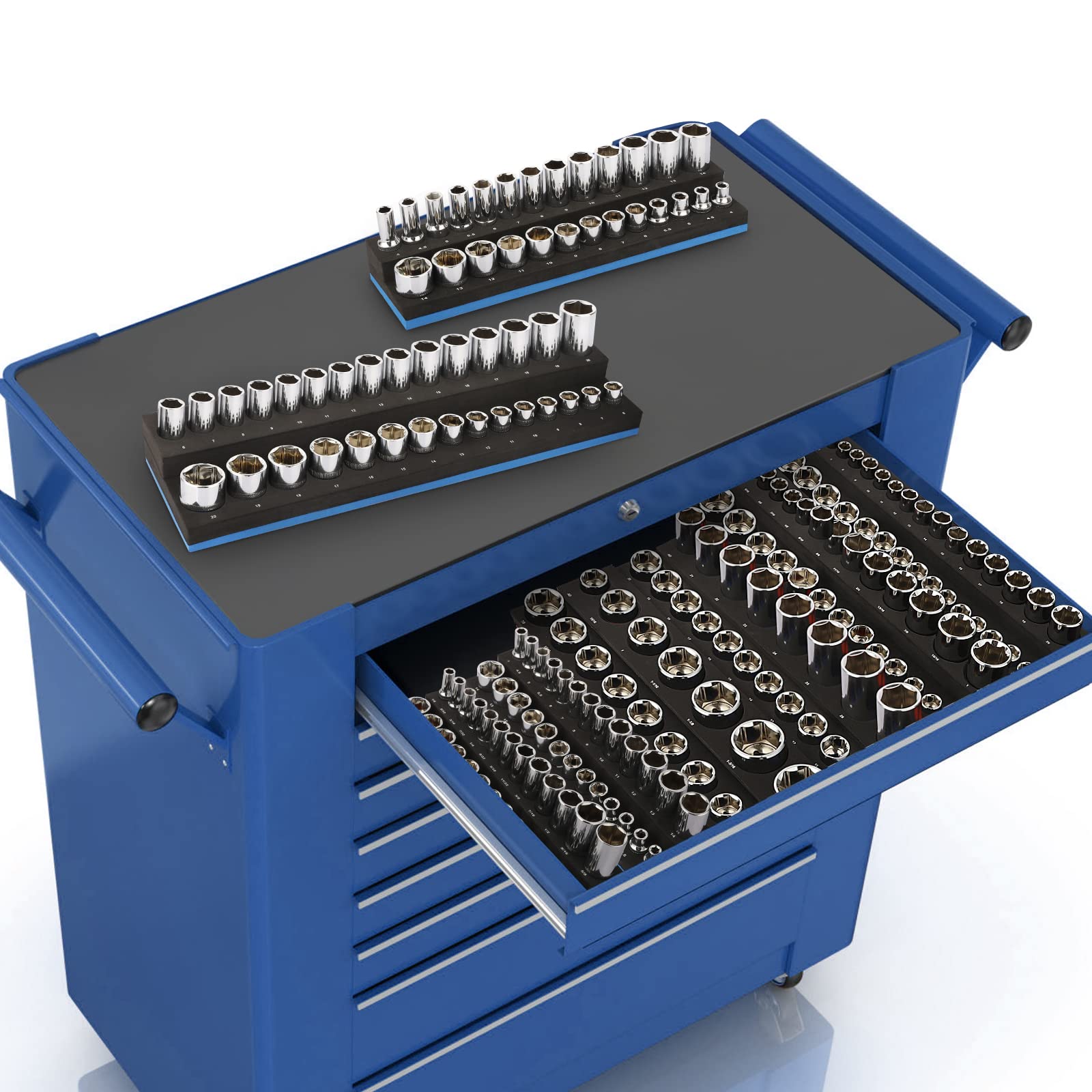 Socket Organizer Set, 6PCS Socket Holder for Metric and SAE 1/2'', 3/8'' and 1/4'' Sockets with Accurate Hole Size, Suitable for Toolbox and Tool Cart Socket Storage (EVA foam, Sockets not included)