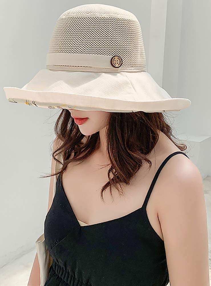 Summer Mesh Sun Hats for Women Lightweight Beach Hat Floral UPF50+ Packable Wide Brim Bucket Hat with Chin Strap Beige