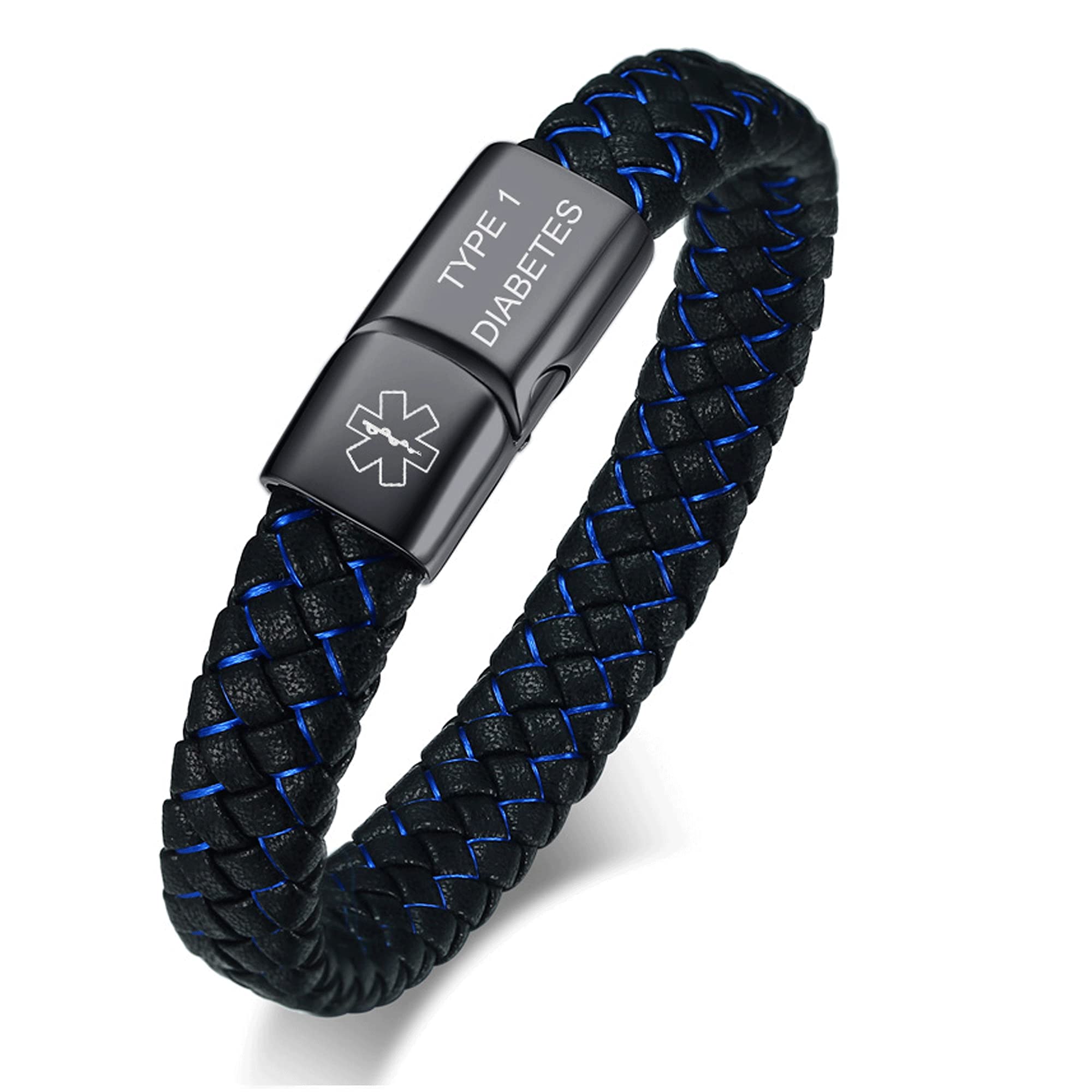 VNOX Blue TYPE 1 DIABETES Braided Leather Medical Symbol Caduceus with Stainless Steel Cuff Wristband Bracelet,8.5 Inches
