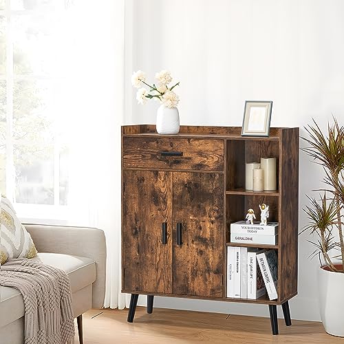 usikey Storage Cabinet, Floor Storage Cabinet with 2 Doors & 3 Shelves, Mid Century Cabinet, Accent Cabinet for Living Room, Entryway, Office, Rustic Brown