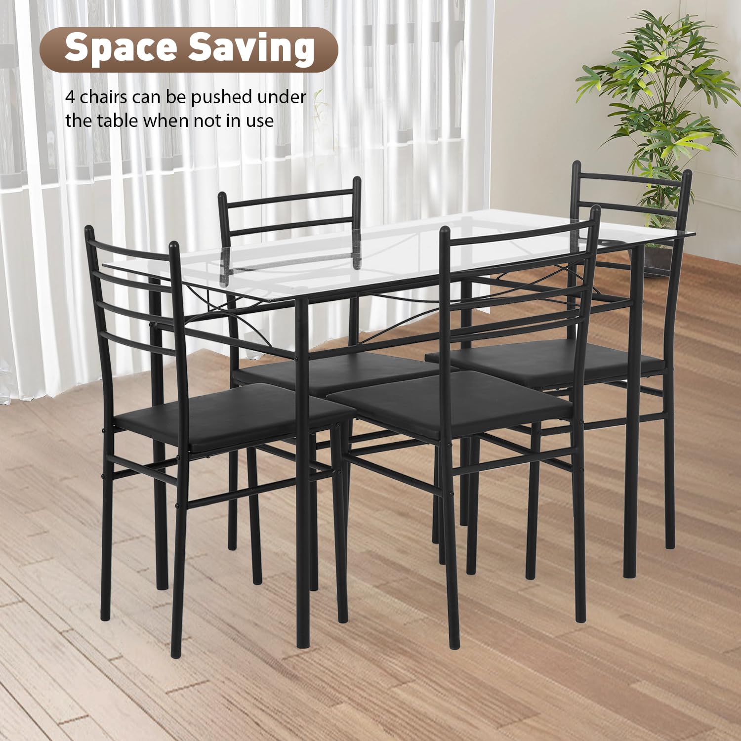 PayLessHere Dining Room Set 5-Piece Classic Dining Table Set for 4, Glass Top Table and 4 Rectangular Modern Chairs with Metal Legs for Dining Room and Kitchen