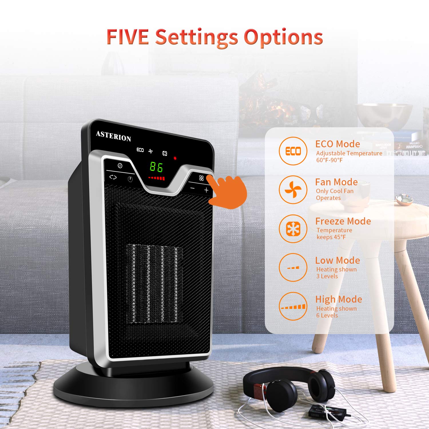 Space Heater for Indoor Use, ASTERION Portable Office Heater with Adjustable Thermostat, Ceramic Oscillating Heater with 24H Timer Remote Tip Over Overheating Protection for Home Bedroom, 1500W Black