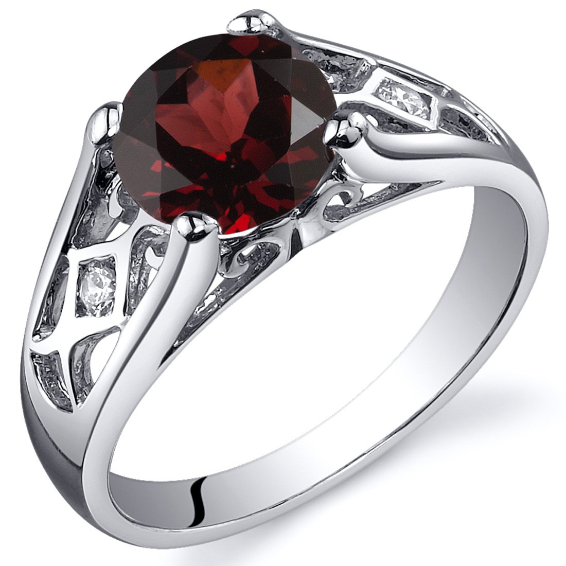 PEORA Garnet Cathedral Solitaire Ring for Women 925 Sterling Silver, Natural Gemstone Birthstone, 1.50 Carats Round Shape 7mm, Size 7