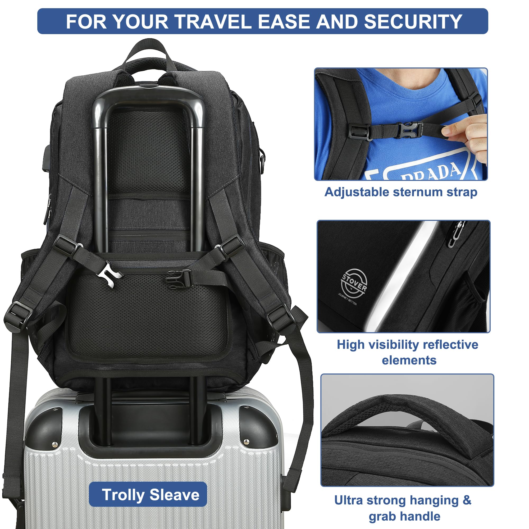 STOVER Laptop Travel Backpack Carry On, Fits 15.6 Inch Notebook with Luggage Compartment, Reflector for Safe, Backpack for Casual Use, Business Women and Men (Black)