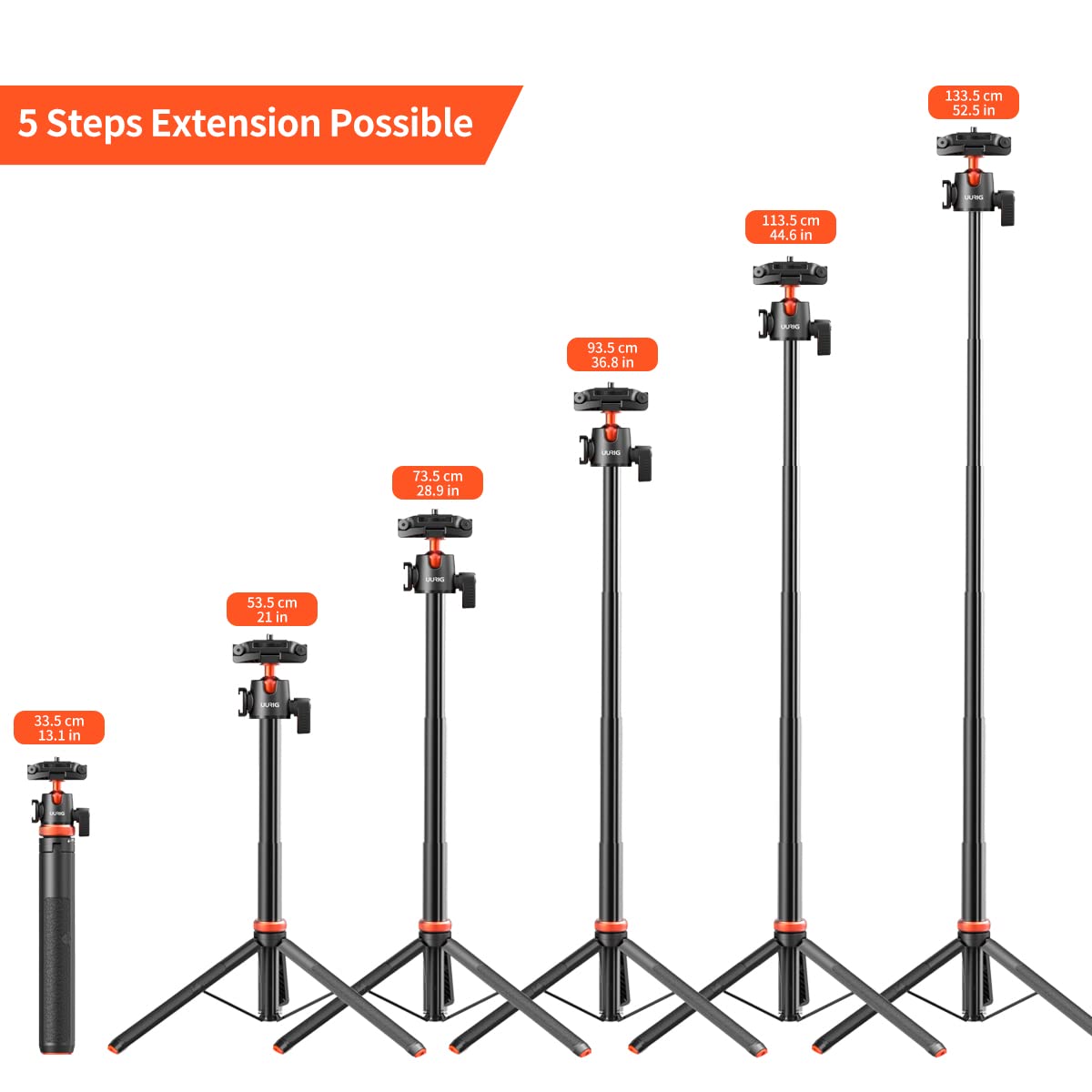 UURig Camera Tripod, 52 inch Extendable Phone Selfie Stick Camera Tripod Stand with 2 in 1 Phone Clip, 5 Levels Adjustment 360° Ball Head Loads Up for iPhone Sony Canon GoPro