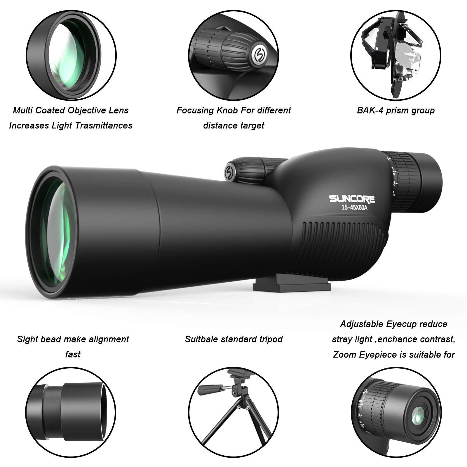 Suncore HD Zoom Spotting Scope - Standard 15-45x60 Waterproof Fully Multi Coated Optical Lens Perfect for Target Shooting Hunting Stargazing Bird Watching Wildlife Scenery (Straight)