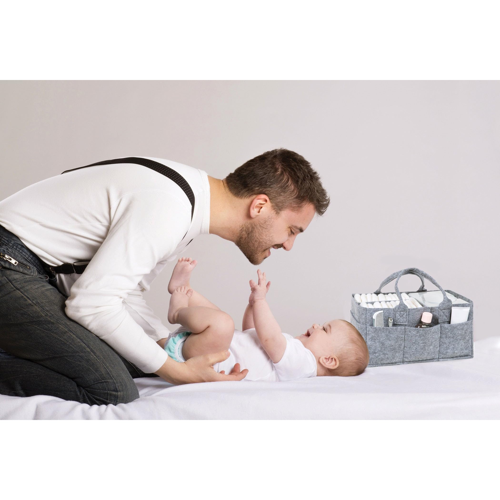 Sammy & Lou Collapsible Charcoal Gray Felt Storage Caddy, Divided Design To Keep Diapers, Wipes And Changing Items Organized, Two Handles, 11.5 in x 6 in x 8 in