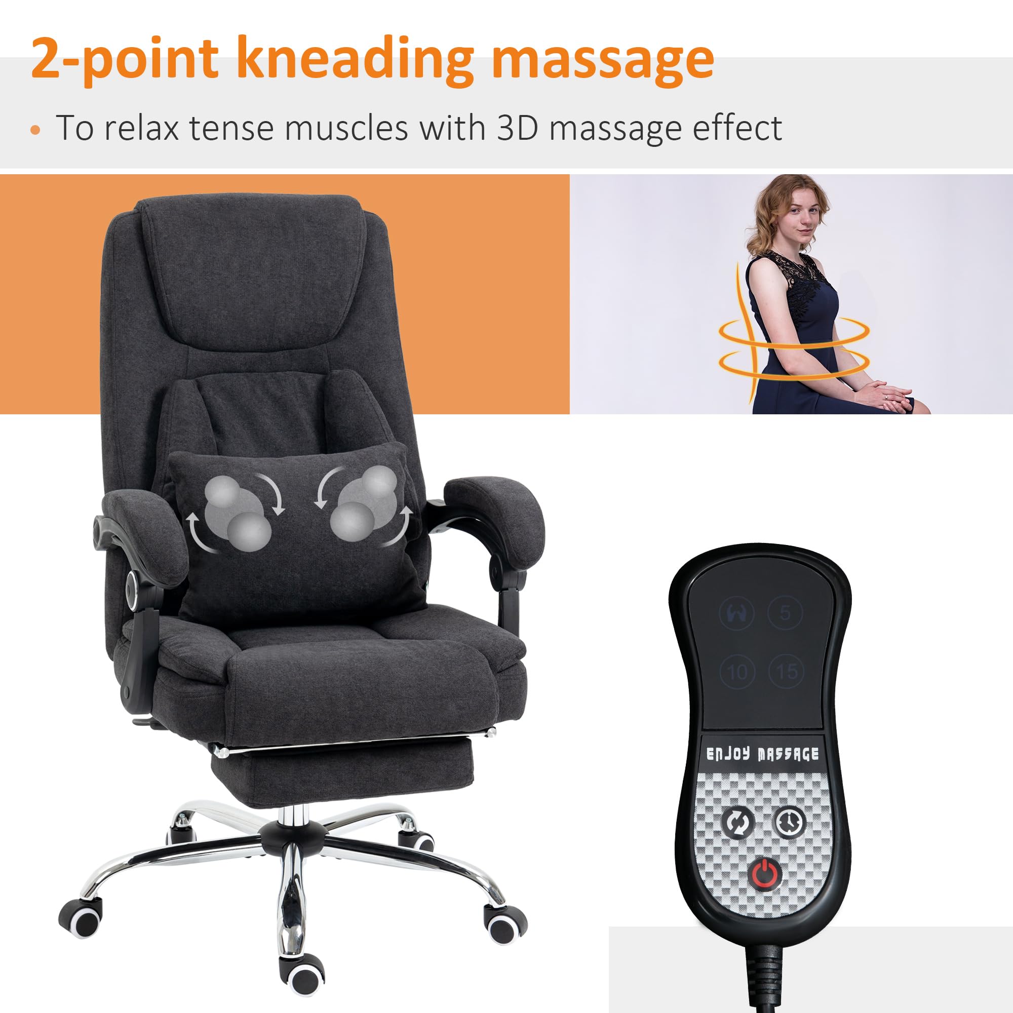 Vinsetto 3D Kneading Massage Office Chair with Reclining, Swivel Fabric Computer Chair with Footrest, Armrest, Black