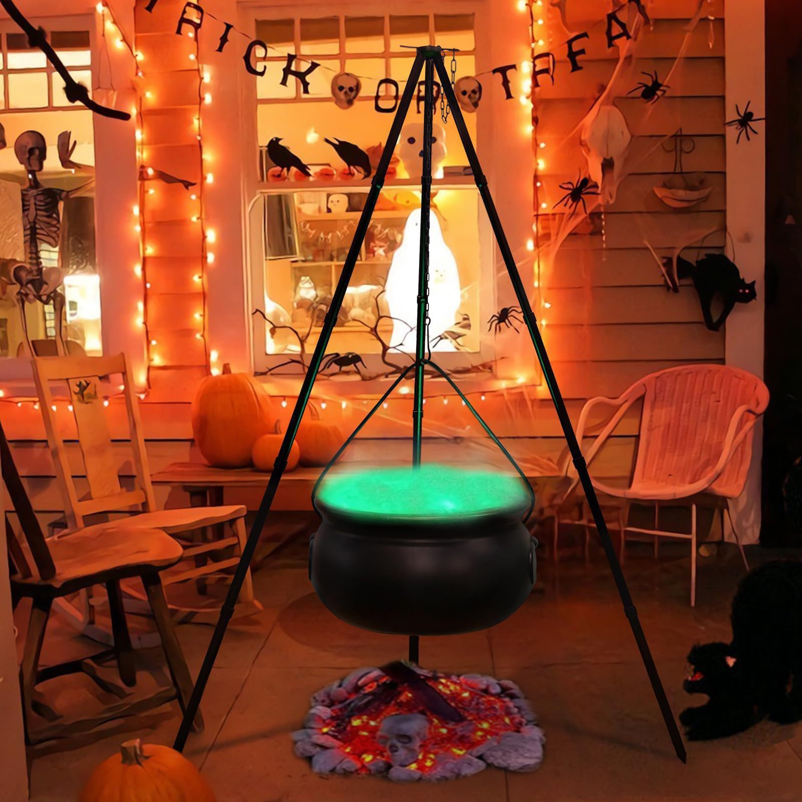 Witches Cauldron, Large Halloween Cauldron Decor On Tripod with Timer Green Lights, Plastic Giant Witch Cauldron Halloween Decorations for Outdoor Porch Yard Lawn Outside (L, Black)