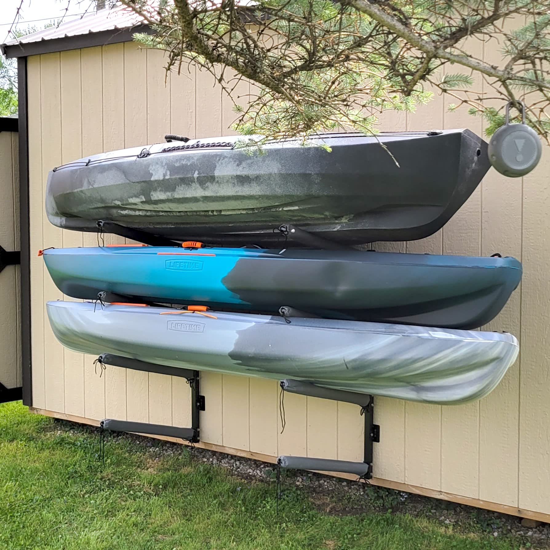 StoreYourBoard Outdoor 4 Kayak Storage Rack, Wall Mount, Holds 400 lbs, All Weather Heavy-Duty Metal Organizer, Adjustable Levels