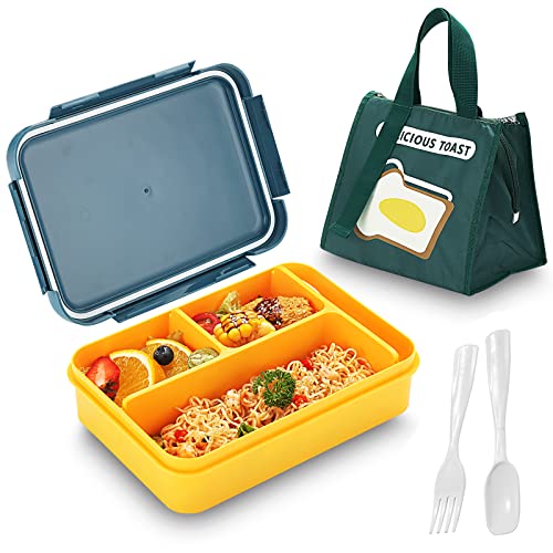 ZZQ Bento Box Lunch Box, Lunch Box Containers for Kids & Adults, 4 Compartment Container for Schools Lunch with Bag, Cutlery, Microwave Safe, BPA Free On-the-Go Meal Prep Containers (Yellow)