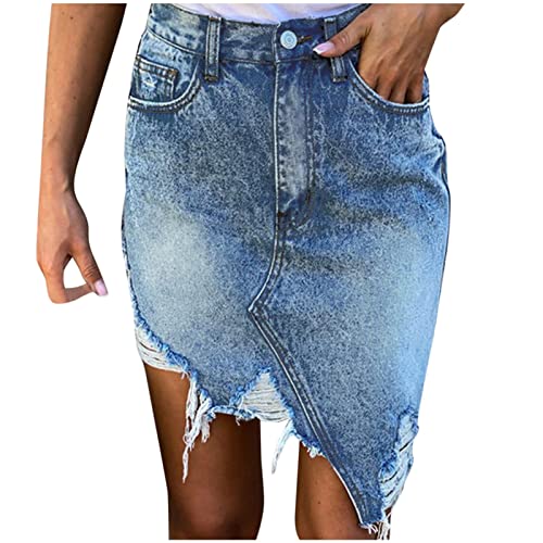 Tenworld Womens Denim Skirt Distressed Jeans for Women Side Slit Daily Casual Classic Blue Buttons Pockets Ripped White