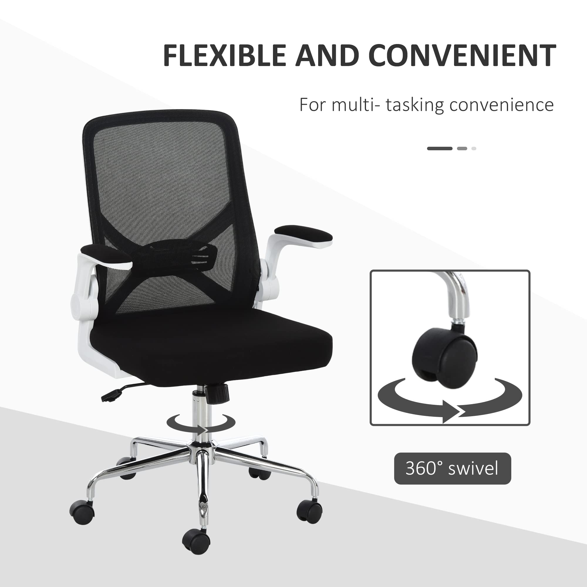 Vinsetto Ergonomic Mesh Office Chair Rocking Swivel Computer Task Desk Chair with Folding Backrest, Lumbar Support, Flip-up Arms and Adjustable Height, Black