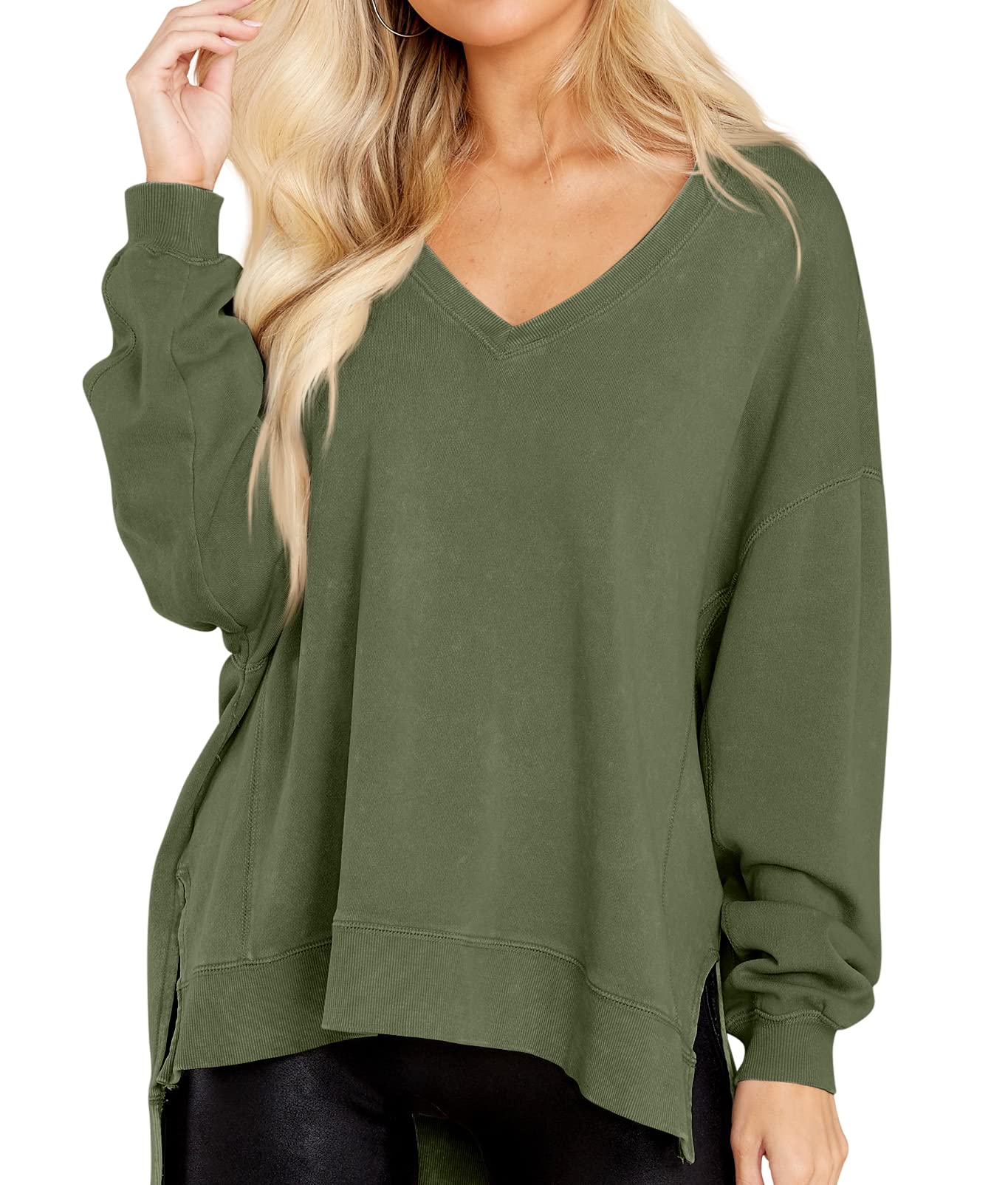 Uifely Women V Neck Oversized Sweatshirt Side Slit Batwing Sleeve Sweatshirts Long Sleeve Pullover Tops Army Green
