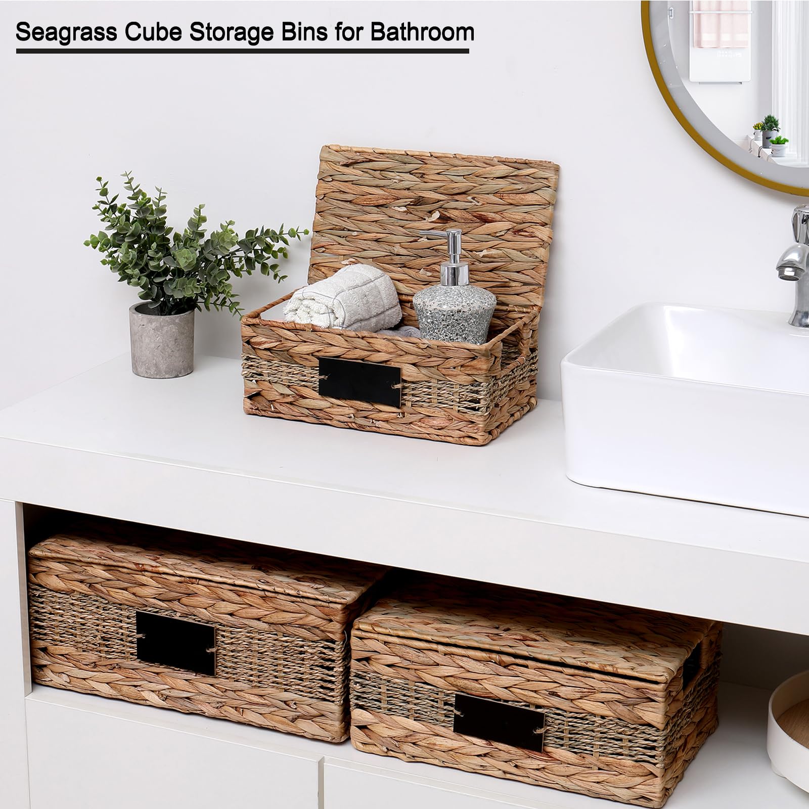 WK&YOHFY Storage Baskets Hand-Woven Rectangular Seagrass Cube Storage Bins for Bedroom, Living Room, Nursery Room-Storage Cubes with Lids&Letter Boards,Set of 3 Pcs(Nested)