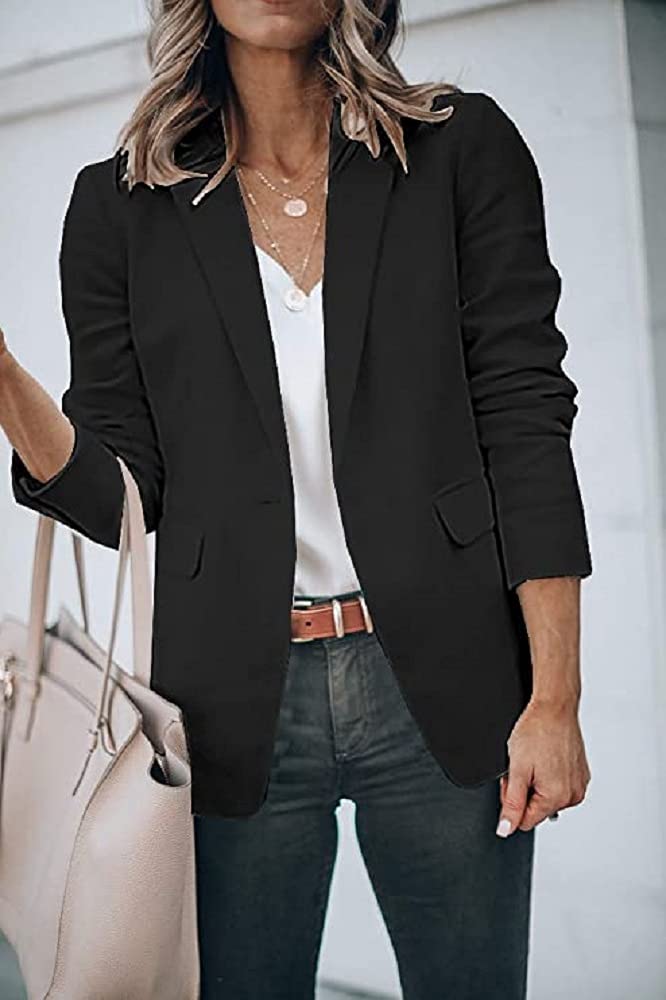 SAOVERE Womens Casual Open Front Long Sleeve Blazer Collared Work Office Pockets Jackets A-Black