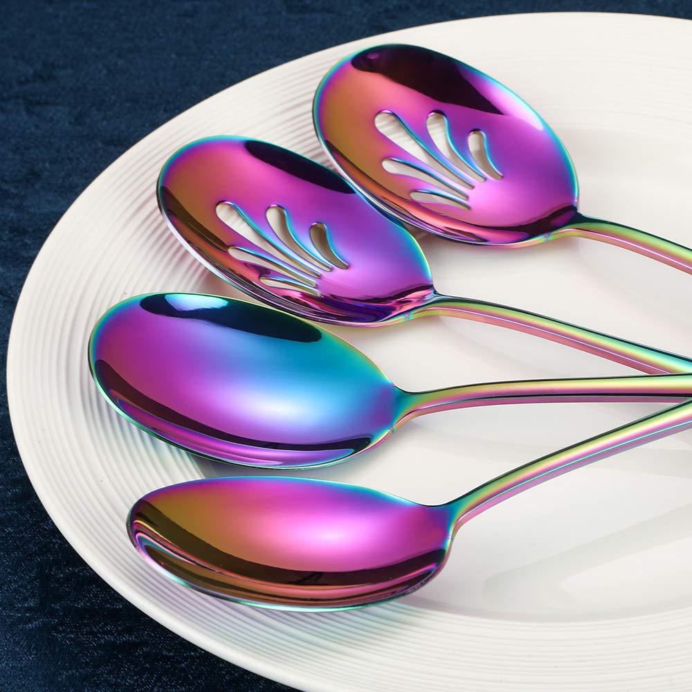 Rainbow Serving Spoons x 4, Rainbow Slotted Spoons x 4, 8.7 inches Rainbow Stainless Steel Serving Spoons Set for Buffet Can Banquet Cooking Kitchen-S (Rainbow4+4)